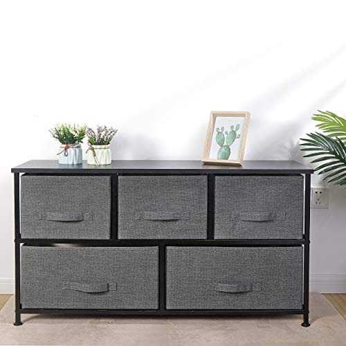 Epetlover Fabric Dresser 5-Drawer Storage Organizer Unit, Apartment Cloth Dresser with Deep Basket Sturdy Steel Frame & Wooden Top, Room Organization (Grey)