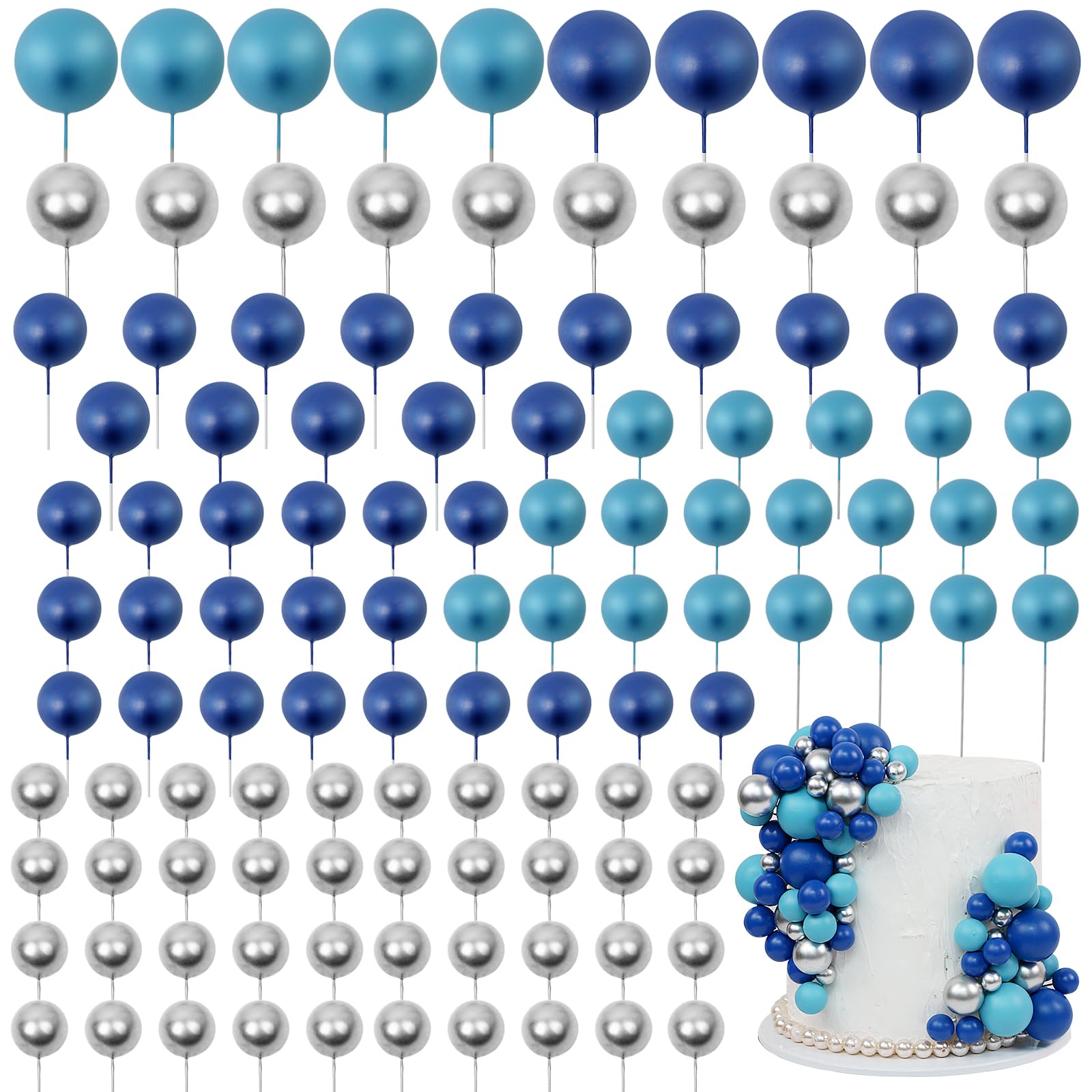 Acmee 115 PCS Ball Cake Toppers - Mini Balloon Cake Decorations Foam Ball Cupcake Picks DIY Cake Insert Toppers for Birthday Party Wedding Baby Shower (Blue, Silver)
