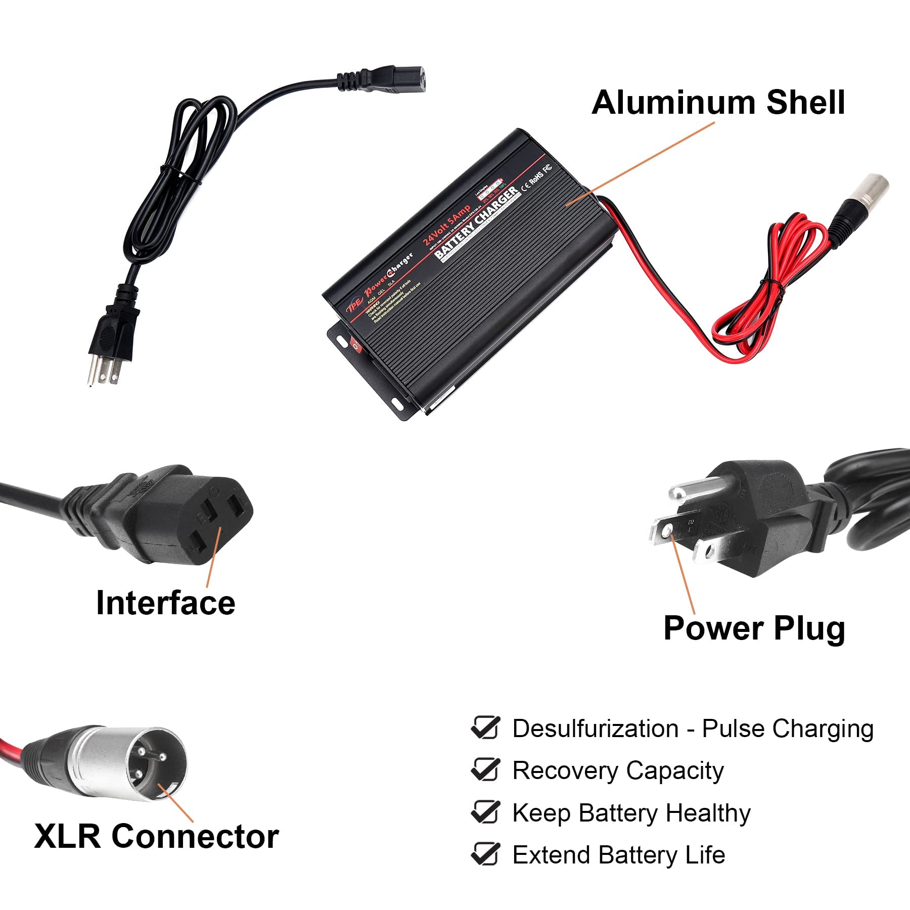 24V 5Amp Smart Automatic Battery Charger, Portable Battery Maintainer with XLR Connector for Car Boat Lawn Mower Marine Wheelchair Motorcycle eBike BLACK