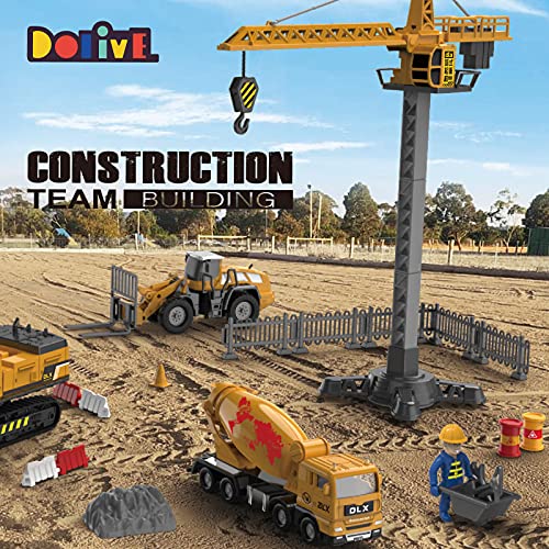 DOLIVE Construction Site Vehicles Toy with Mat, Crane Toy Tractor, Tower Crane Truck, Dump Trucks, Excavator, Cement Mixer Trucks, Kids Engineering Playset for 3+ Year Olds Boys Girls