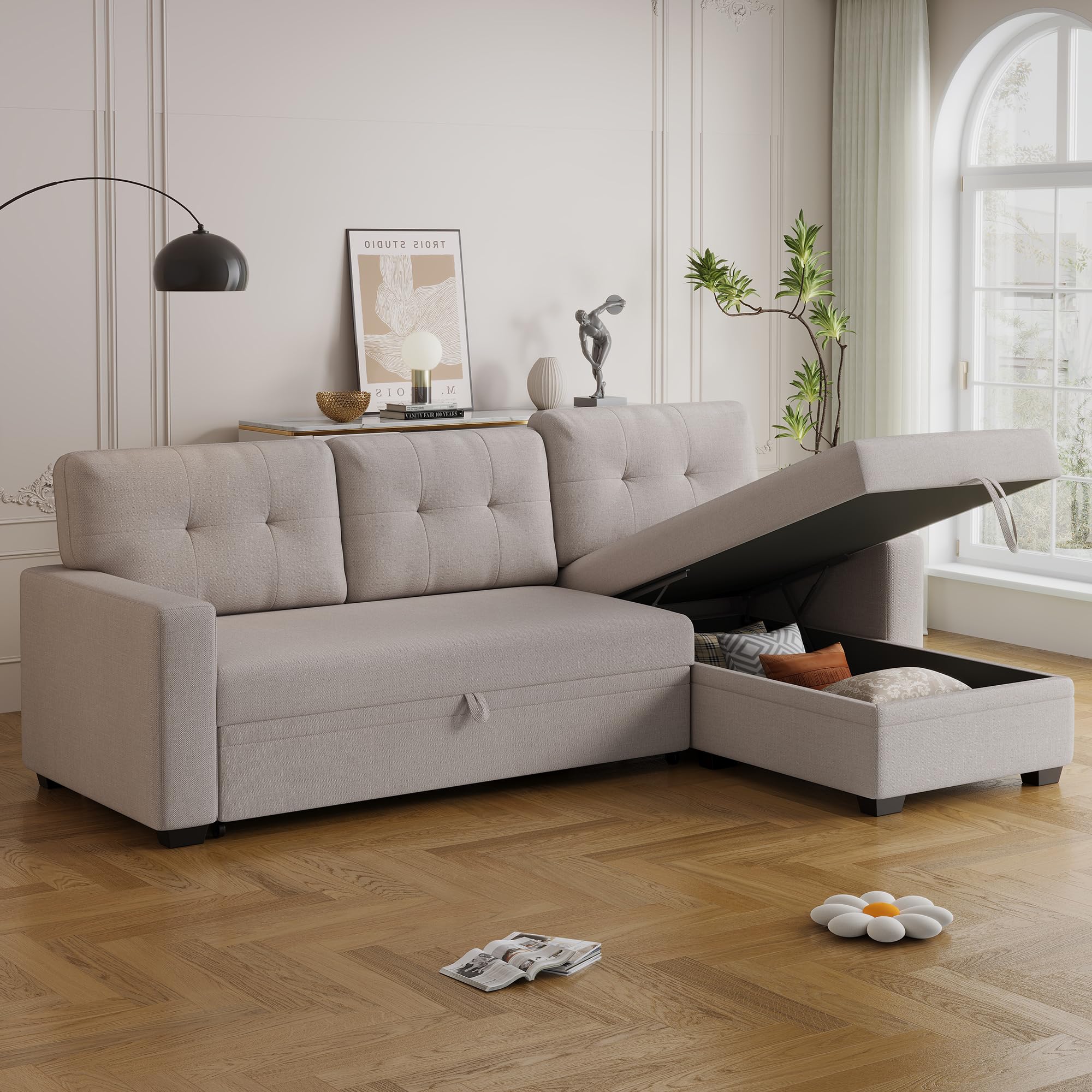 Acosure 82" Upholstered Pull Out Sofa Bed with Storage Chaise,Linen Reversible Couch W/Tufted Backrest,3 Seater Sectional Sleeper for Living Room Apartment Office,Beige