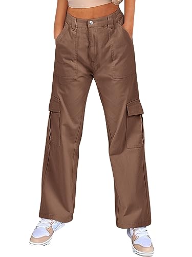 ANRABESS Women's Cargo Pants High Waisted Baggy Multiple Pockets Casual Work Pants Trendy Fashion Relaxed Fit Trousers Y2k for Teen Girls 1017shenka-S Brown