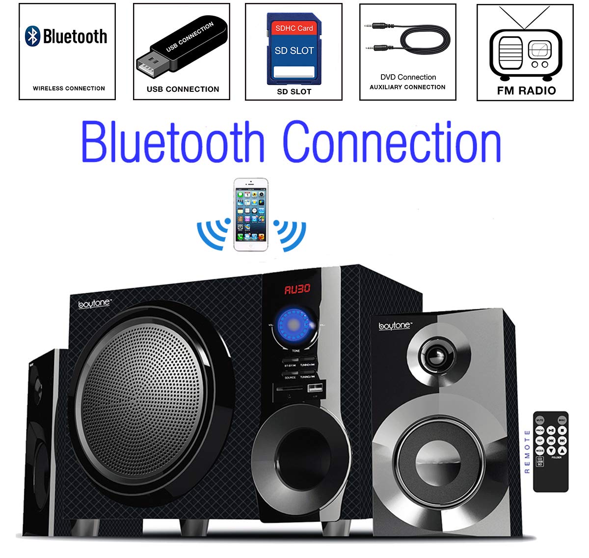 Boytone BT-210FD, Ultra Wireless Bluetooth Main unit, Powerful Sound with Powerful Bass System 30 watt, Excellent Quality Clear Sound & FM radio, with Remote Control Aux Port, SB/SD/ for Smartphone's , Tablets , Desktop Computers , Laptops ,Black Color