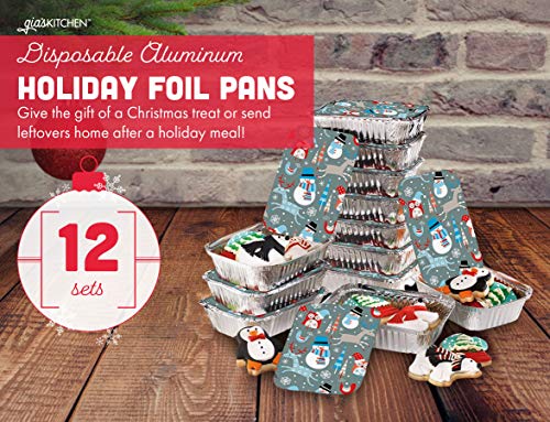 Gia's Kitchen Disposable Aluminum Pans with Lids, 24 Piece, Set of 12 - Heavy Duty Foil Pans with Lids Perfect for Leftovers, Holiday Treats, Gift Giving - Winter Friends Foil Container Rectangular