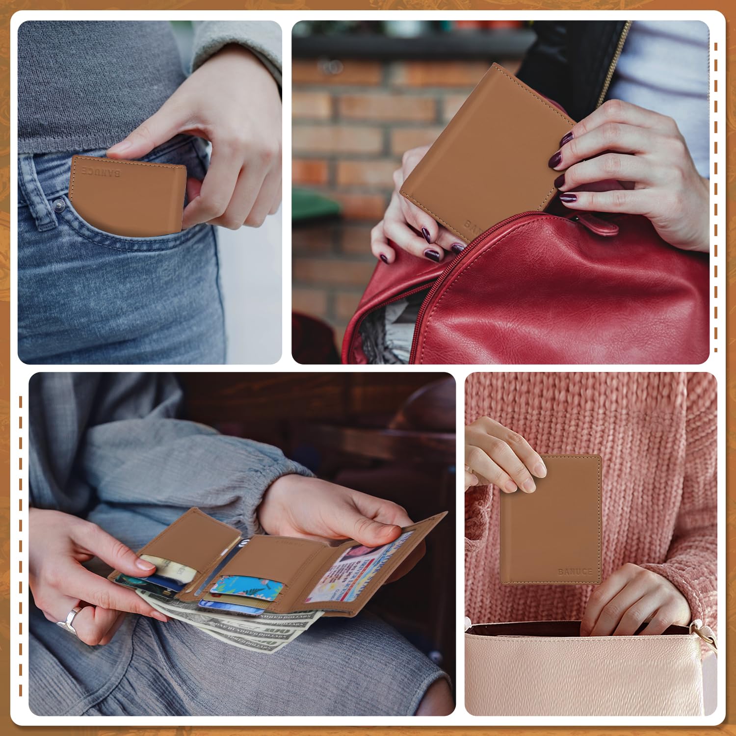 Banuce Top Grain Leather Trifold Wallet for Women Small with Credit Card Holder and ID Window Brown
