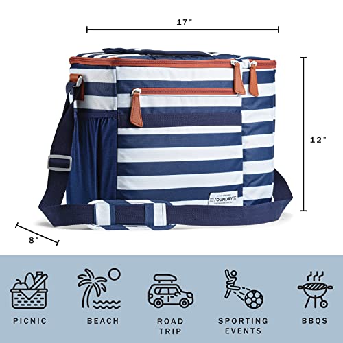 Foundry by Fit + Fresh, Brooks Dual-Compartment Insulated Cooler Bag with Wine Cooler Compartment, Food & Beverage Beach Bag, Picnic Basket, Perfect for Tailgating & Camping Accessories, Navy Stripe