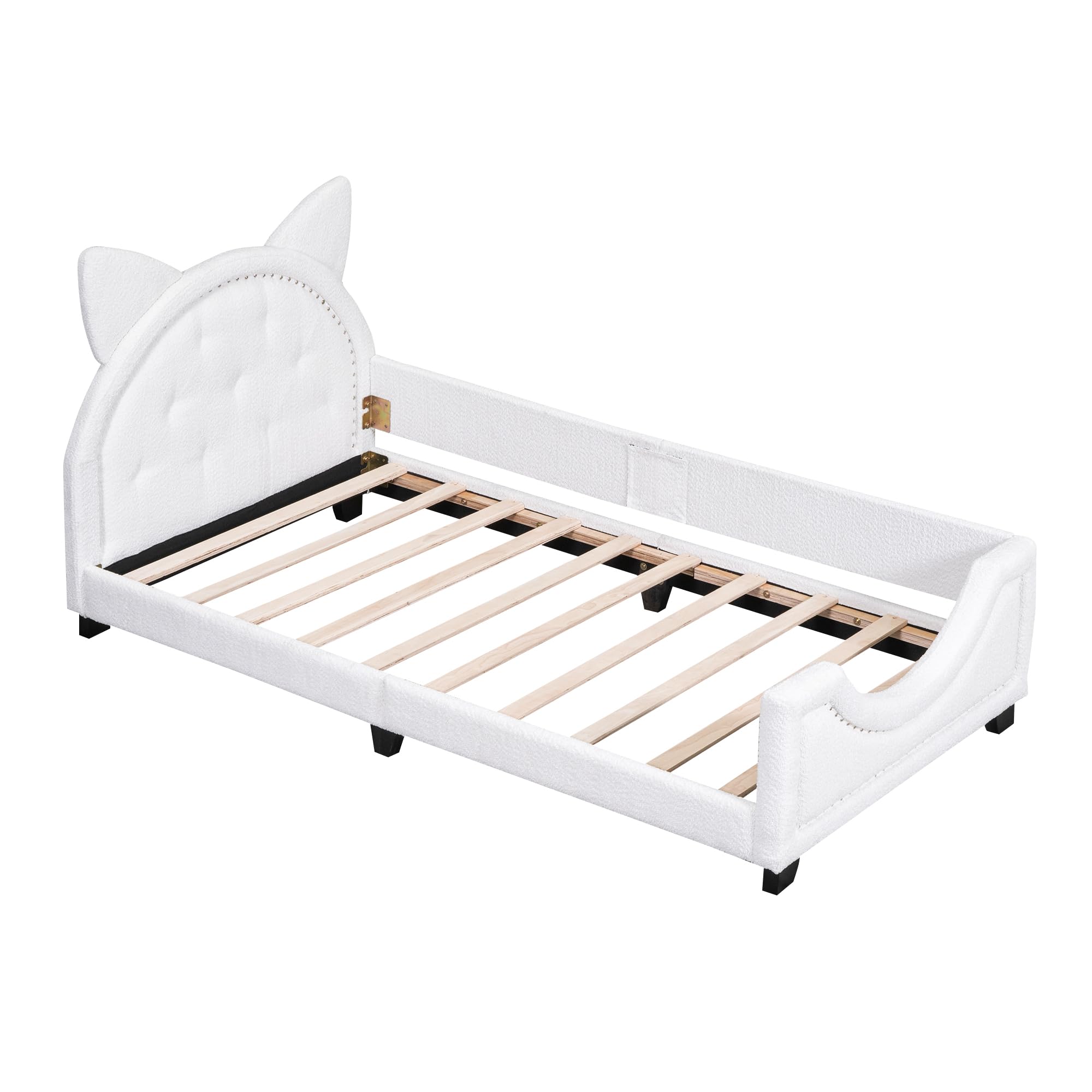 Acosure Teddy Fleece Twin Size Upholstered Daybed with Carton Ears Shaped Headboard for Kids Bedroom,Wood Low Floor Platform Bed,Super Save Space/Easy Assembly/No Box Spring Needed,White