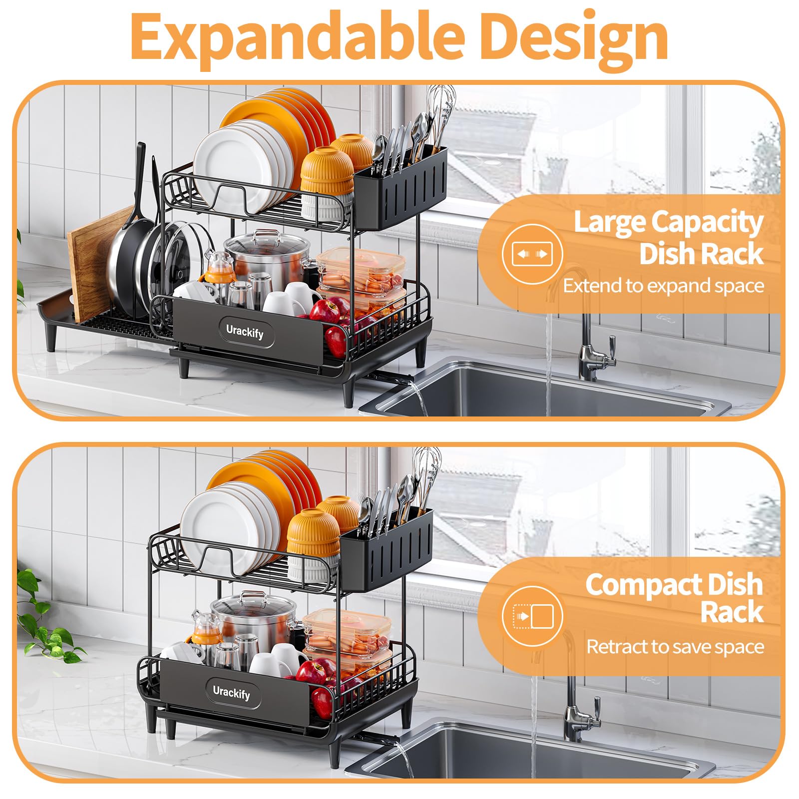 Urackify Dish Drying Rack, Expandable Dish Rack for Kitchen Counter, Large Collapsible Countertop Dish Drainer with Pan & Pot Holder, Stainless Steel Dish Strainer with Cup & Utensil Holder