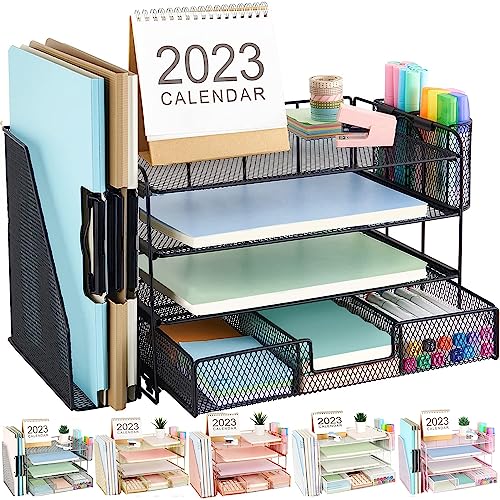 gianotter Paper Organizer with File Holder for Desk, 4 Tier Letter Tray Office Desk Organizers and Accessories - Workspace Organizers with Drawer and 2 Pen Holder for Office Supplies (Black)
