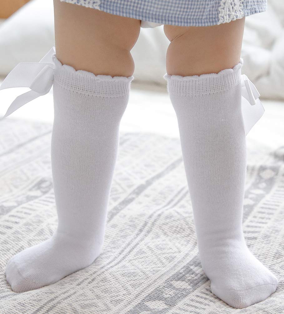 Maorrew 2 Pack Baby Girls Knee High Socks Bow Long Stockings Infants Toddlers Cotton Ruffled Uniform Leggings White 2 Pack 3-5T