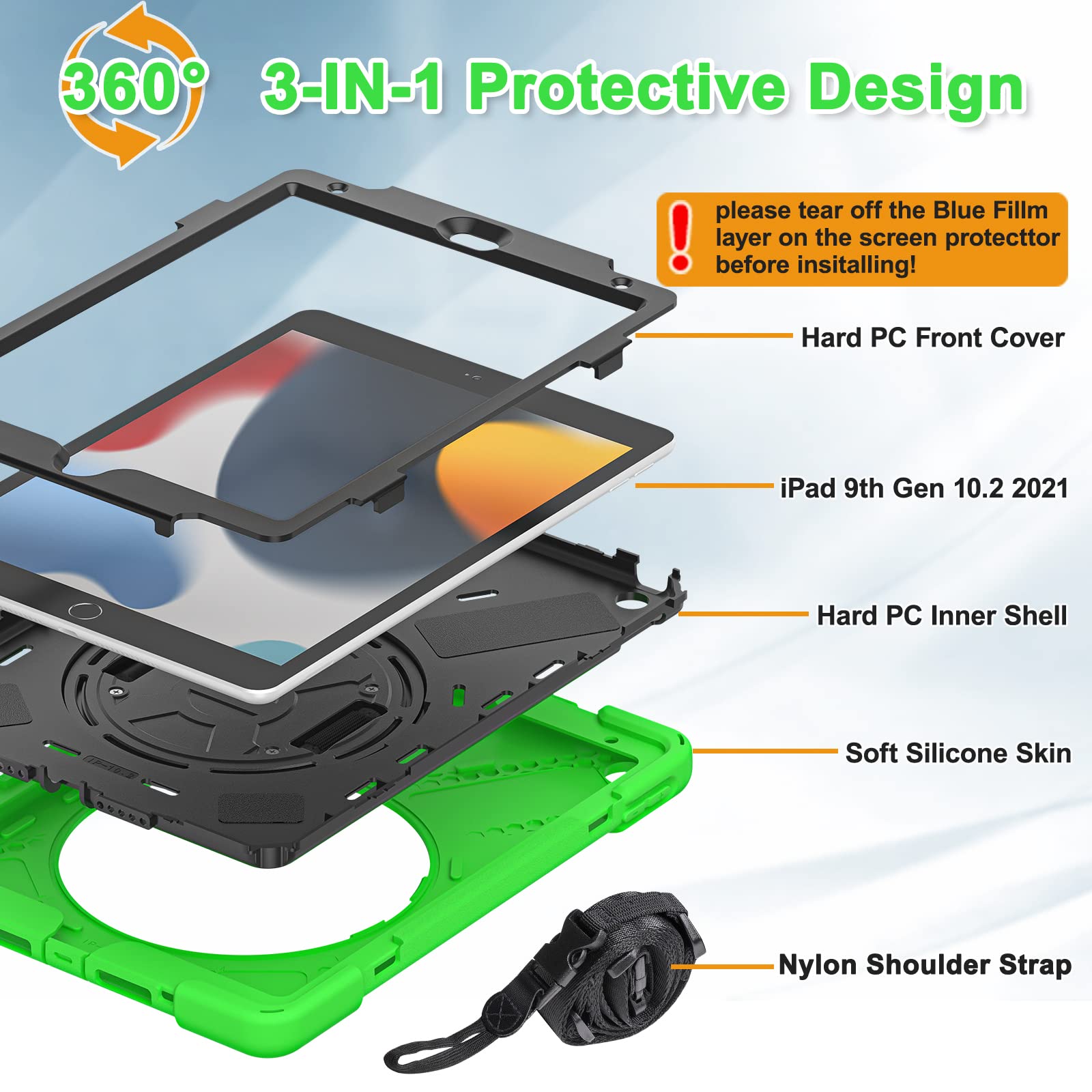 BRAECNstock for Apple iPad 9th 8th 7th Generation Case 2021 2020 2019 Shockproof iPad 10.2 Case Cover with Screen Protector Pen Holder Rotating Stand+Hand Strap Kids Case for iPad 9th 8th Gen - Green