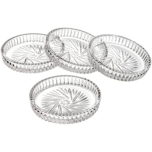 AVLA 8 Pack Crystal Drink Coasters, Glass Round Cup Mat, Clear Decorative Wine Bottle Coasters Barware Set for Table Protection of Home Kitchen, Dining Room, Patio, Coffee Shop, 3.75", Carved Design