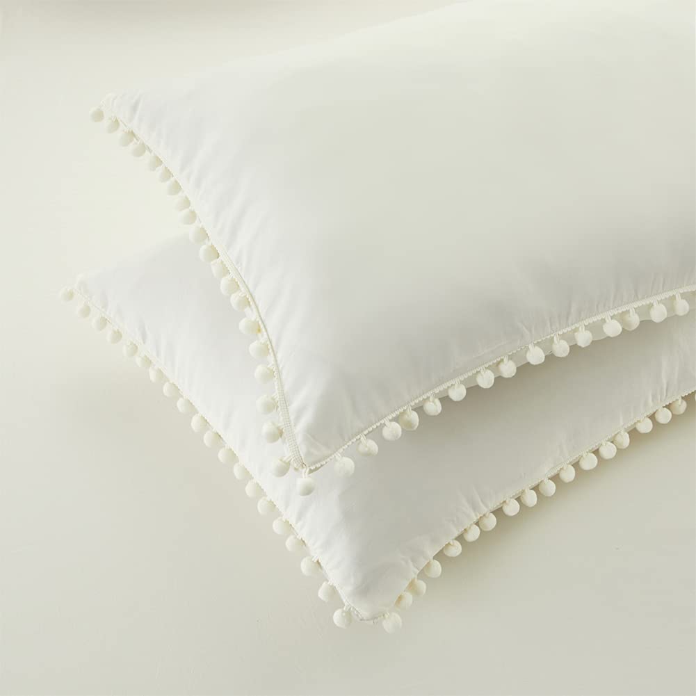 AiMay 2 Piece Duvet Cover Set Twin Size(1 Duvet Cover + 1 Pillow Shams) Bedding Sets Super Soft 100% Double Brushed Microfiber Boho Ball Fringe Breathable Skin-Friendly (White, Twin)