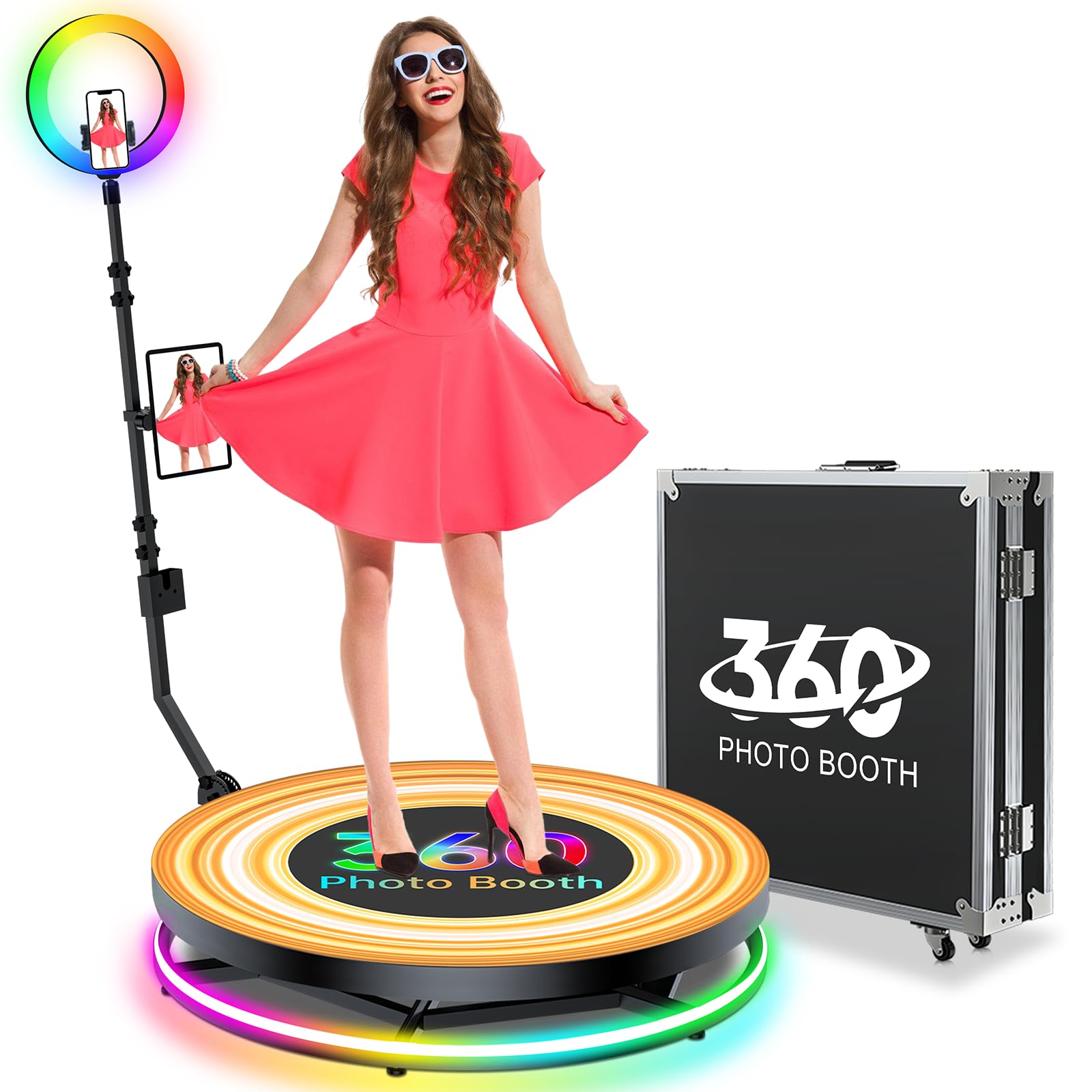 360 Photo Booth Machine with Flight Case, Infinity Glass 360 Camera Booth Free Custom Logo Remote Control 360 Degree Automatic Rotating (39.4in with Flight Case)