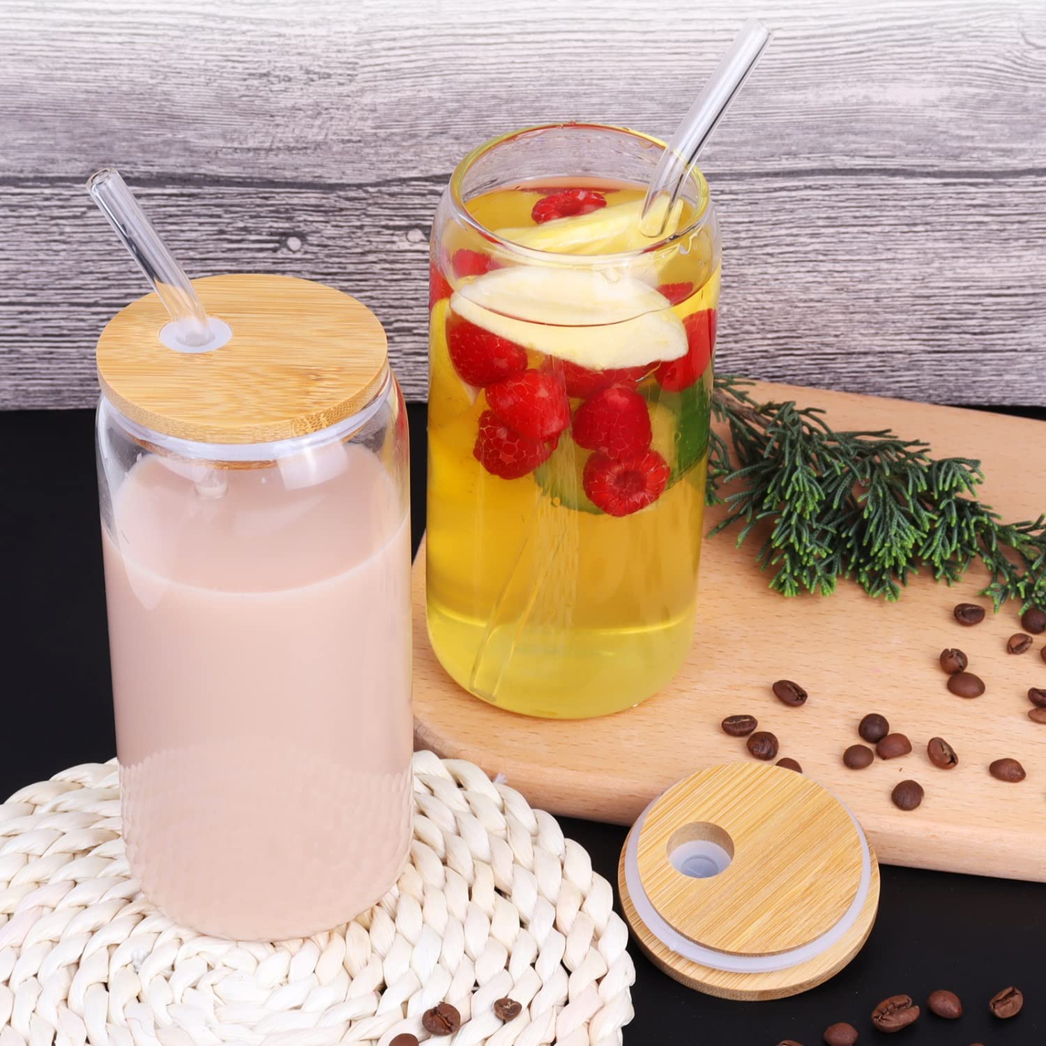 2Pack 16OZ Glass Cups with Lids and Straws ,Smoothie Cup Glass Tumbler with Straw and Lid,Iced Coffee Cup with Lids and Glass Straws ,for Coffee Bar Accessories,Juice, Boba, Smoothie, Tea, Kombucha