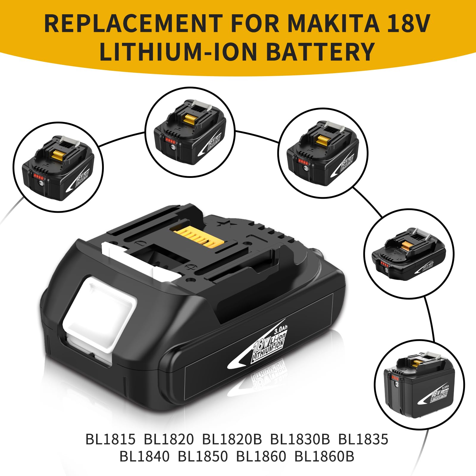 2Pack 3.0Ah 18 Volt BL1830B Replacement Battery Compatible with Makita 18V Battery Lithium BL1815 BL1820 BL1820B BL1830B BL1835 BL1840 BL1850 BL1860 BL1860B LXT400 with LED Indicator(Black)