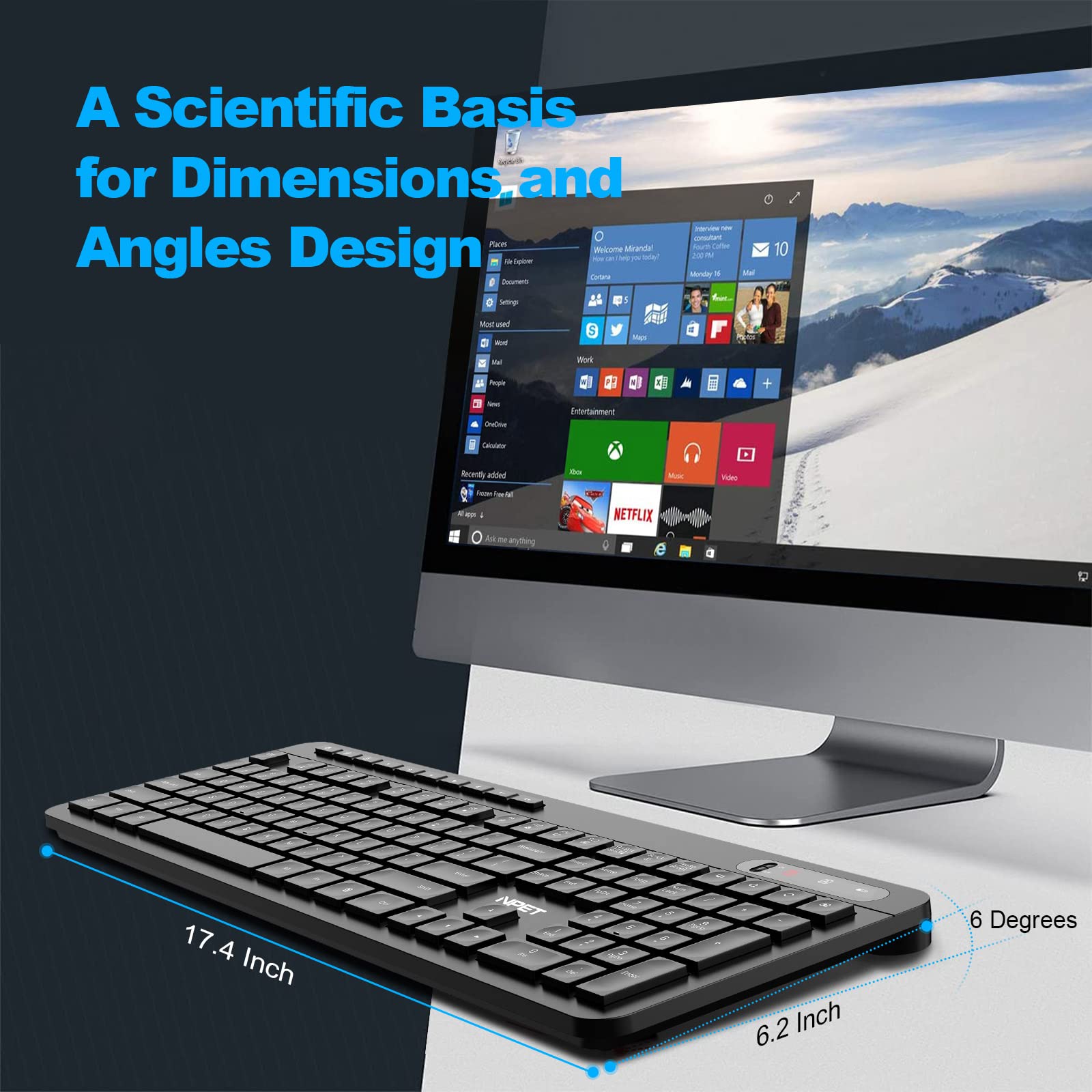 NPET WK20 Wireless Keyboard for Windows, 2.4 GHz Wireless, Full-Size, Number Pad, 14 Multimedia Keys, 2-Year Battery Life, Compatible with PC, Laptop