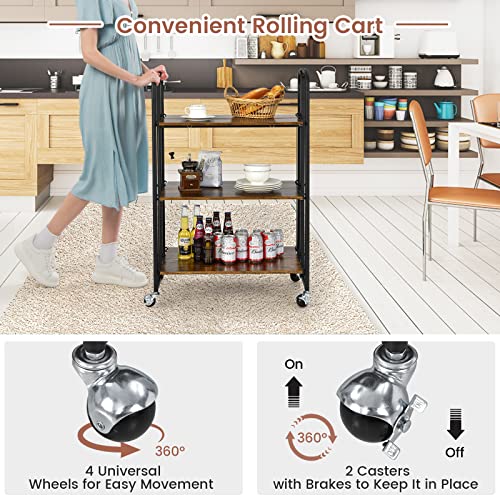 Giantex Foldable Storage Shelves with Wheels, No Assembly 3-Tier Rolling Cart, 2 of The Wheels Have Locks, Microwave Utility Cart Baker Rack, Portable Storage Rack w/Metal Frame, for Kitchen, RV