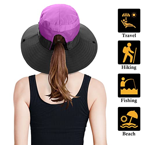 4 Pack Womens Ponytail Summer Sun Hat UV Protection Foldable Mesh Wide Brim Beach Fishing Cap (4 Pack-Purple&Watermelon Red&Sky Blue&Grey)