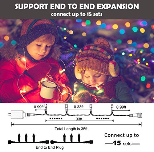 XUNXMAS 33ft 100 LED String Lights Indoor Outdoor, Super Bright Warm White Christmas Lights with 8 Lighting Modes, Extendable Waterproof Fairy Lights for Bedroom Patio Party Christmas Tree Decor