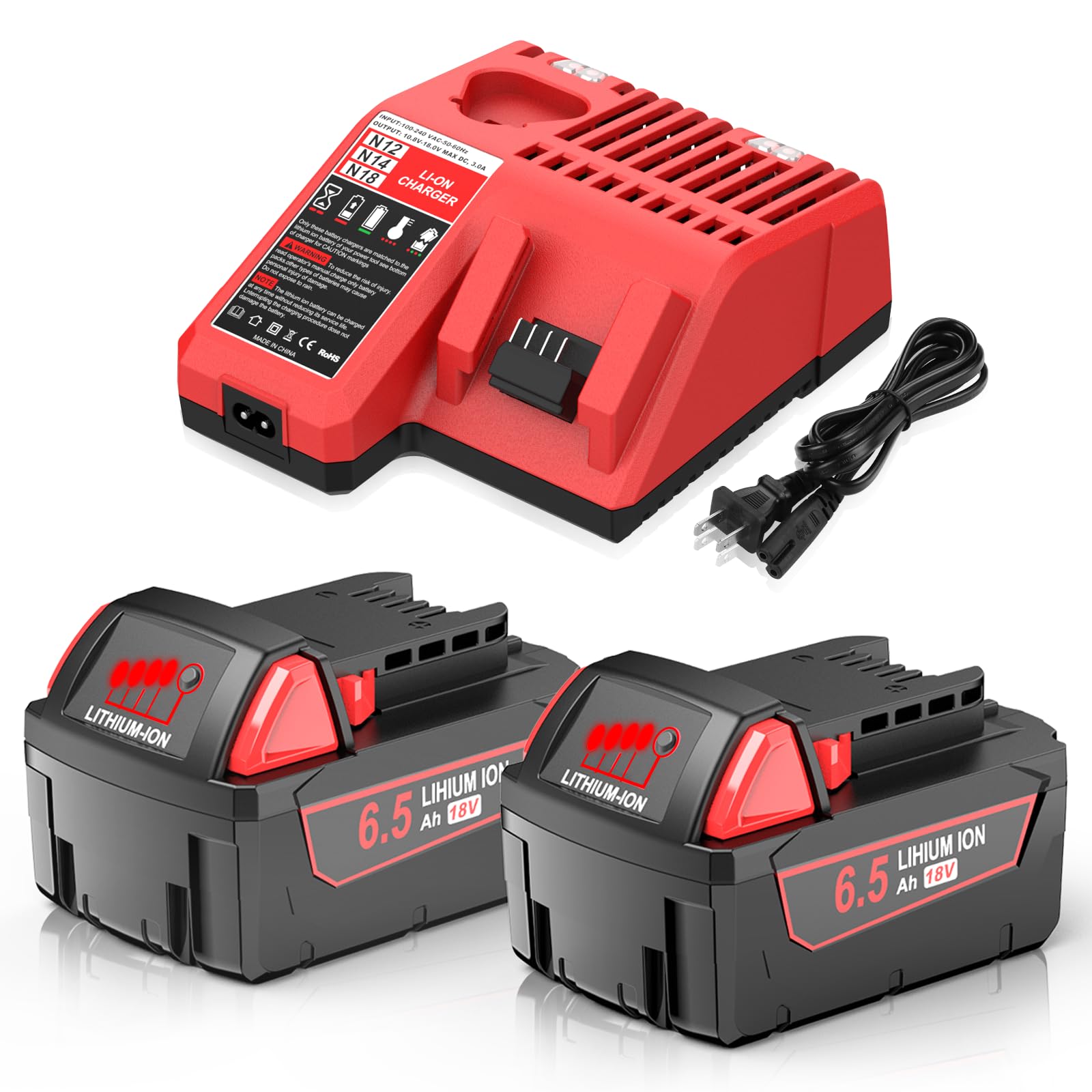 2Pack 6500mAh 48-59-1850 Batteries for 18V Milwaukee M18 Battery 18Volt XC M18 48-11-1815 48-11-1820 48-11-1850 48-11-1860 + 48-59-1812 Charger for 18V Milwaukee M18 Battery Charger