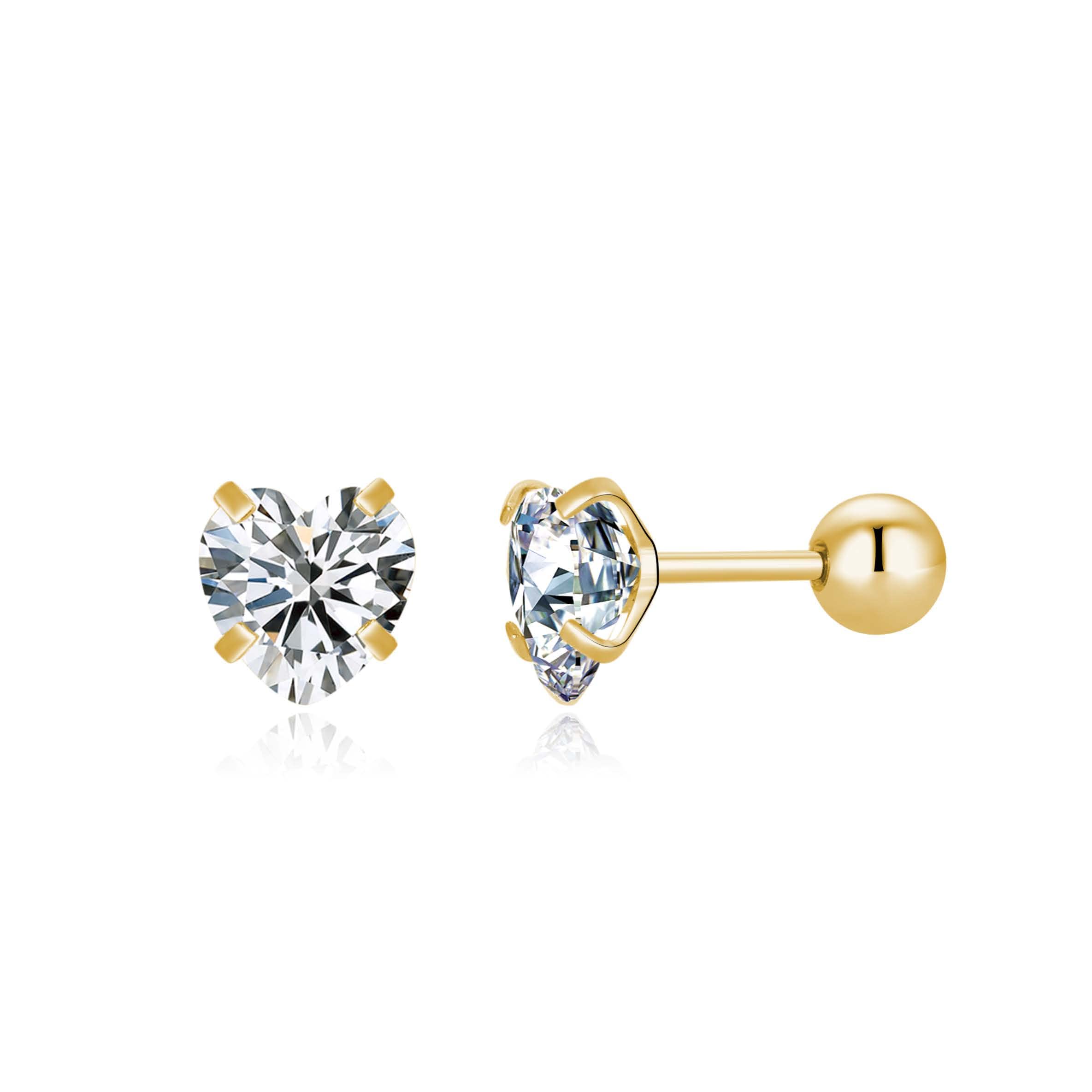 4 Pairs Screw Back Surgical Stainless Steel Stud Earrings, Gold Plated Silver Heart Star Square Princess Cut Round CZ Cubic Zirconia Stud Earrings Set (Gold Heart CZ)