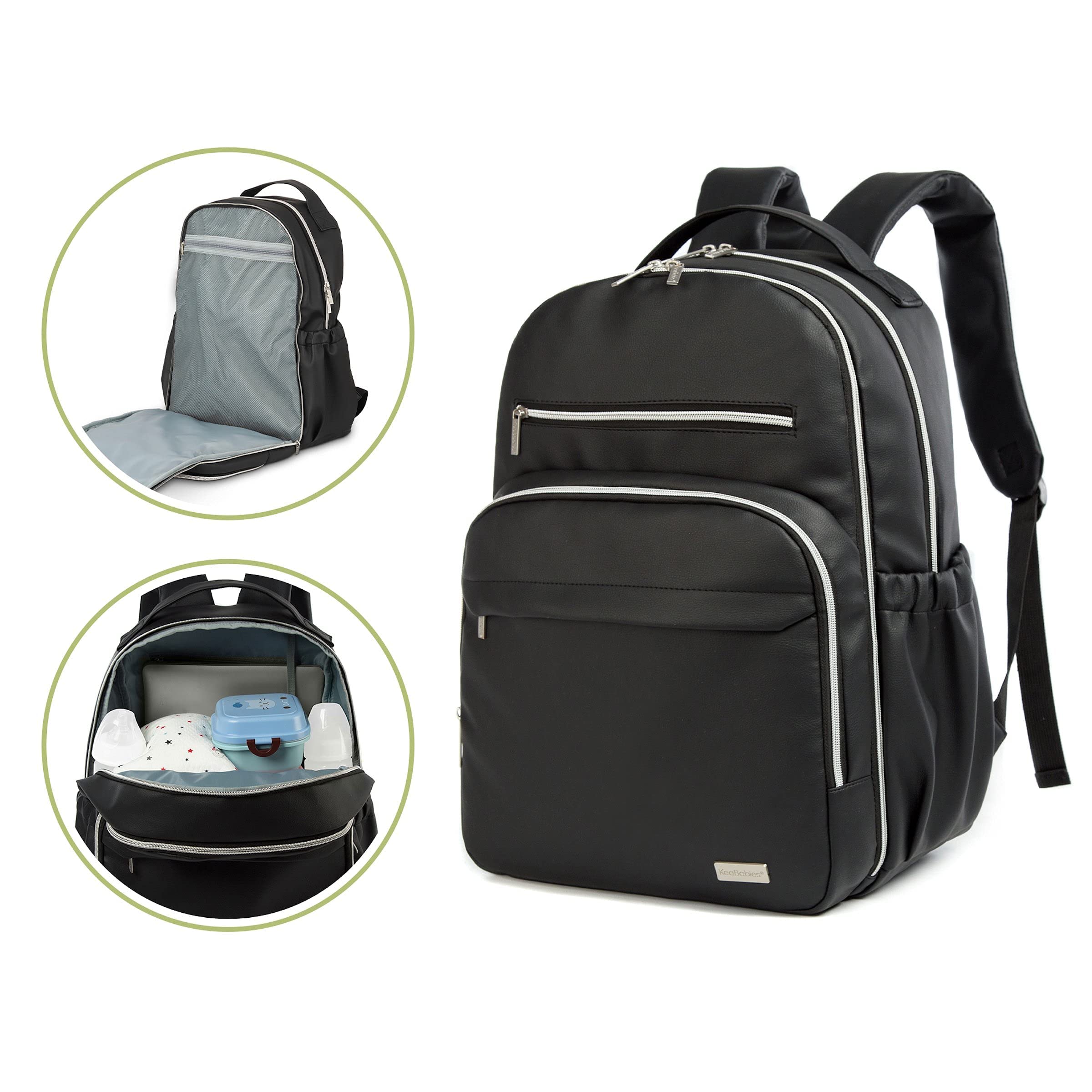 KeaBabies Large Waterproof Diaper Backpack - Vegan Leather, Stylish, Multifunctional Baby Diaper Bags, Travel Back Pack, Maternity Baby Changing Bags, Unisex Nappy Changing Bag, Black Diaper Backpack