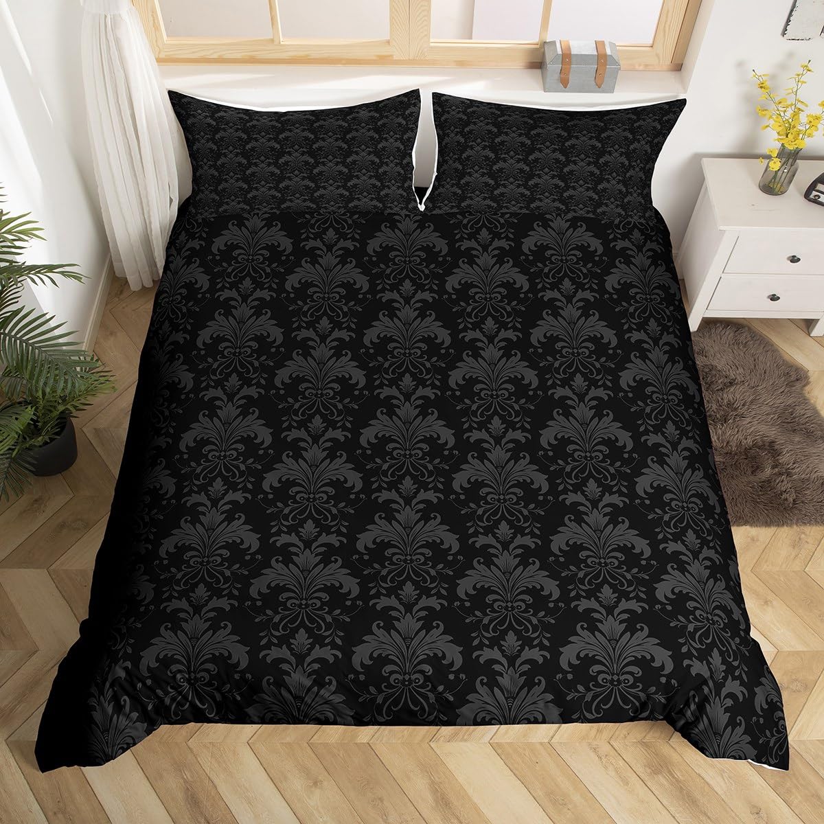 Paisley Flowers Kids Duvet Cover Set Queen Size,Hand Drawn Flowers Botanical Plants Bedding Set,Boys Girls Room Decor,Paisley Hippy Boho Exotic Comforter Cover,Black Retro Quilt Cover,2 Pillowcases