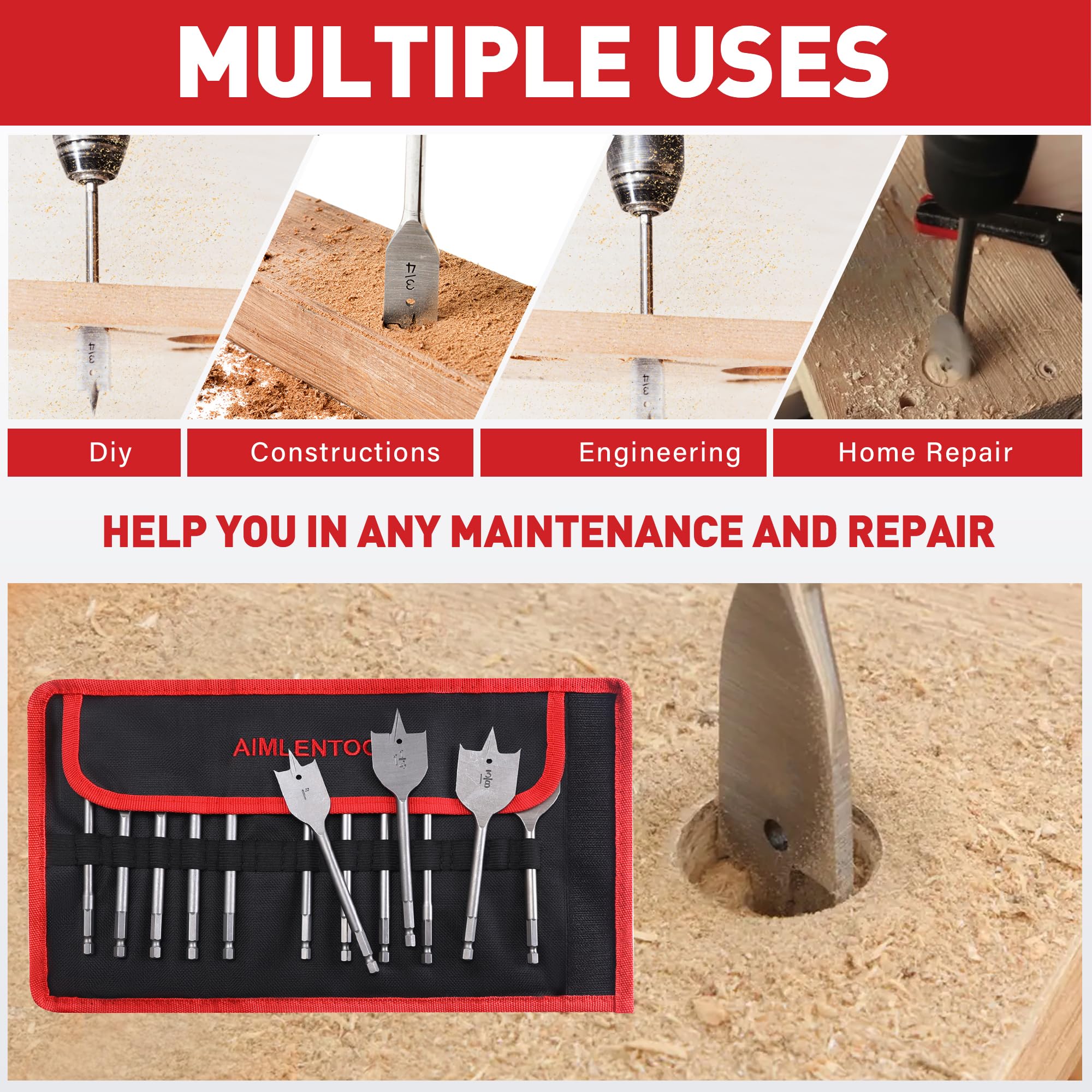 AIMLENTOOL 13 Piece Spade Drill Bit Set, Paddle Flat Bit for Woodworking, Hole Cutter Wood Drill Bit Set with Quick Change Shank, 1/4" to 1-1/2", Nylon Storage Pouch Included