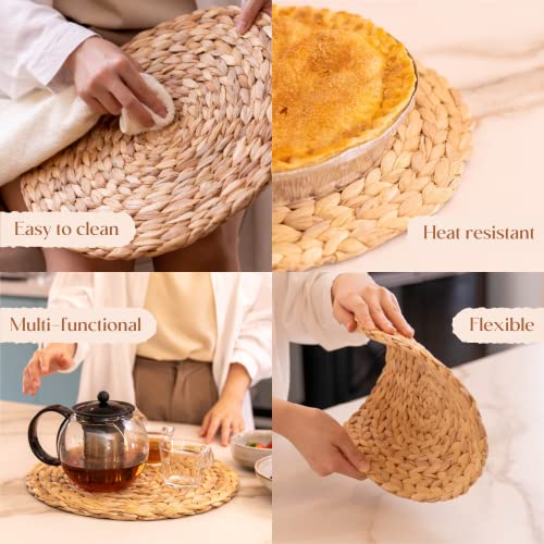 YANGQIHOME 6 Pack, Round Woven Placemats, Natural Water Hyacinth Place mats, Braided Straw Table Mats for Dining Table (13.8 inch)