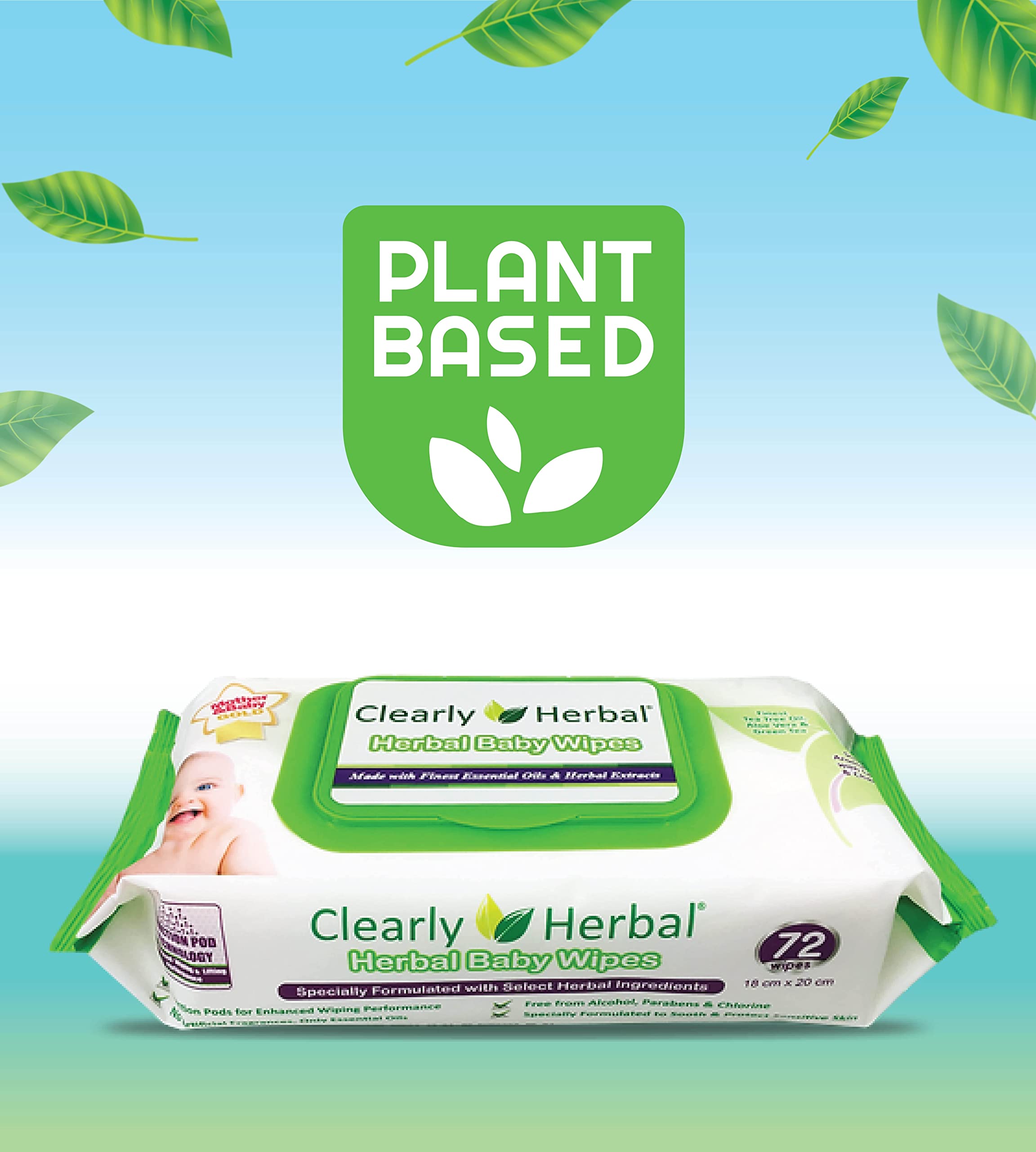 Clearly Herbal Baby Wipes, made with Essential Oils and Natural Herbal Extracts, Parent's Choice, Case Pack 864 Plant Based Wipes (12 Packs x 72 Count)
