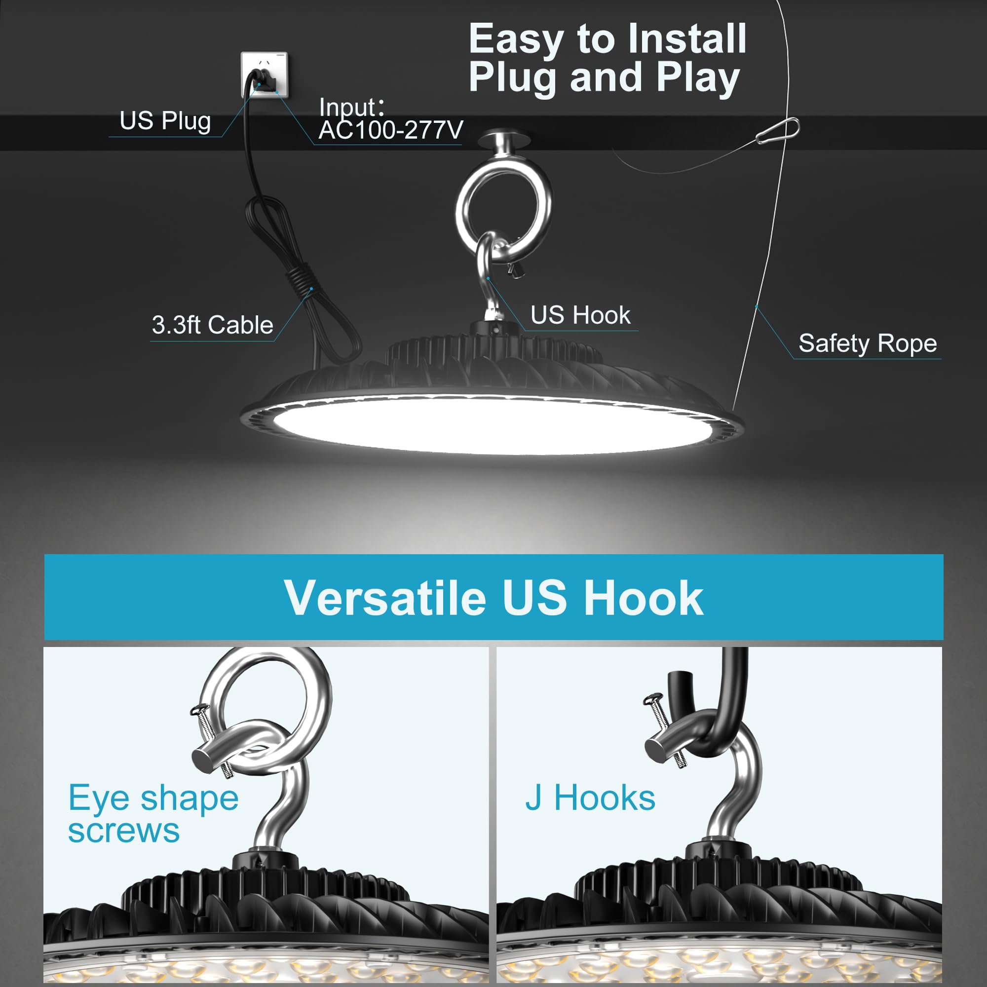 Smart 200W LED High Bay Light 30000LM 5000K UFO High Bay Lighting Motion Activated High Bay LED Lights AC100-277V for Warehouse Barn(Installation Height at Least 20FT)- 4Pack(Remote Buy Separate)