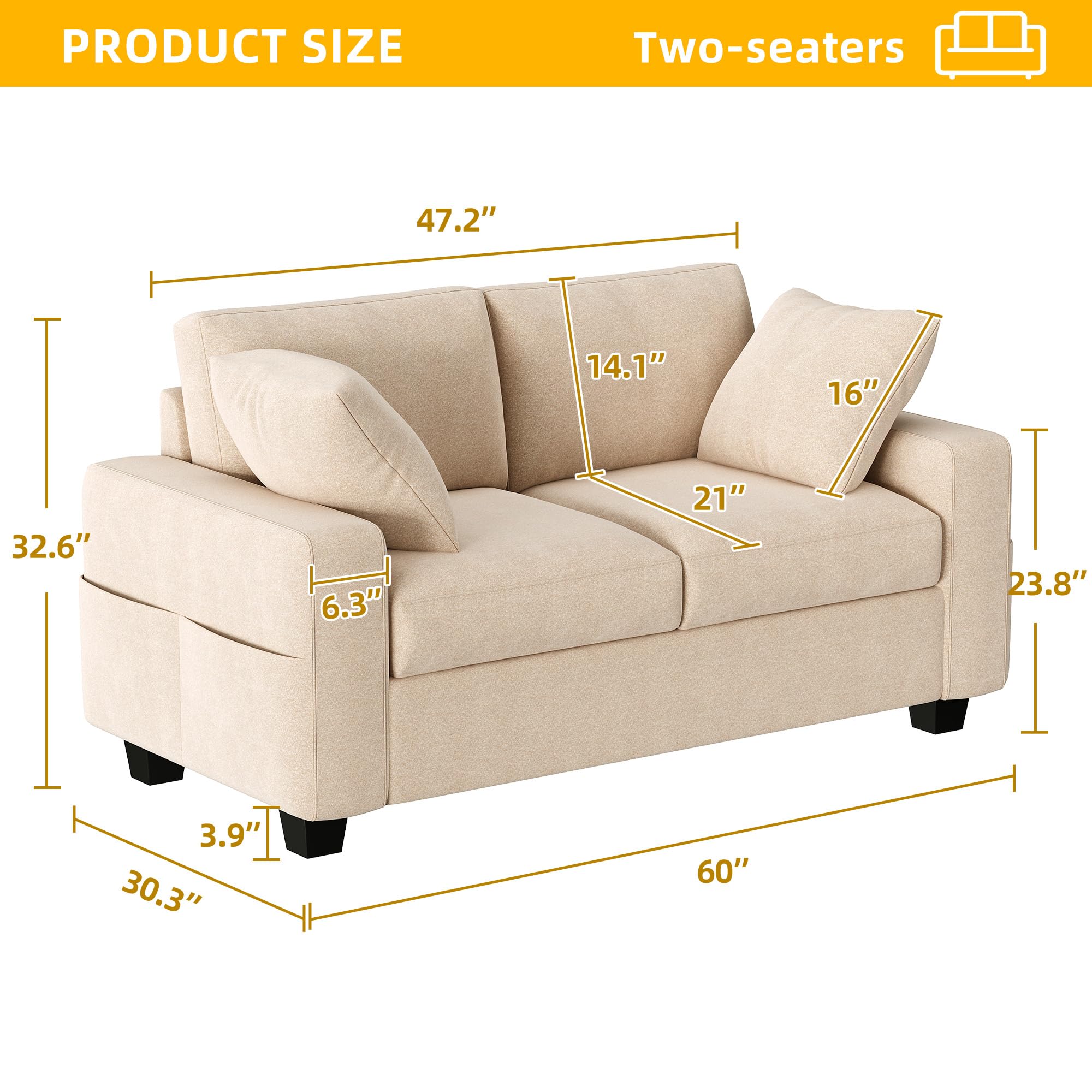 DWVO 60" Sofa, Comfy Upholstered Sofa Couch with Extra Deep Seats, Modern Loveseat for Living Room Apartment Office, Fabric 2 Seater Couch with Side Pockets, Easy Assembly, Beige Chenille