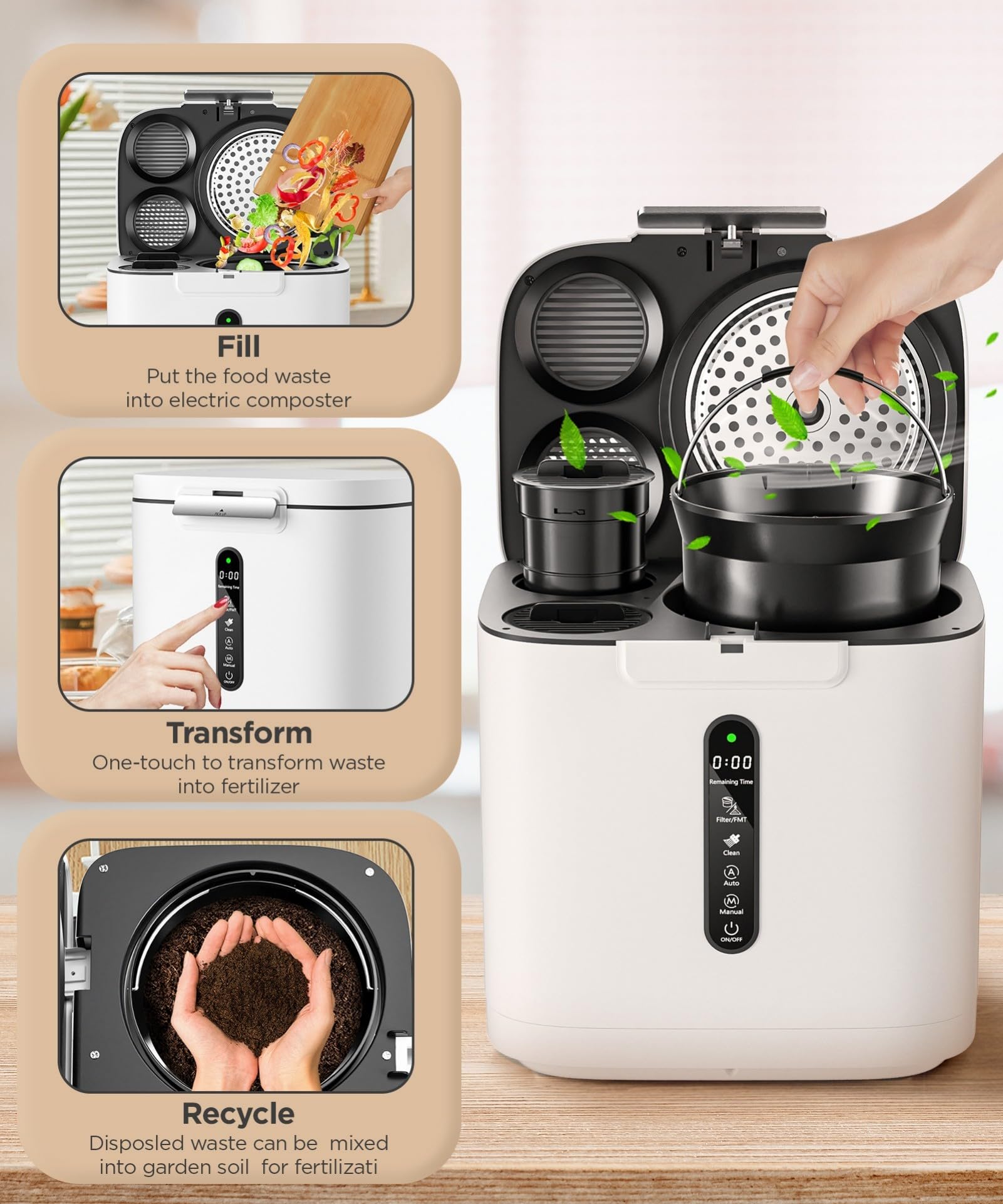 4L Indoor Countertop Electric Composter, Compost Bin for Kitchen, Odorless/Auto-Cleaning/Smart LED Display/ 3 Modes, Turn Kitchen Waste to Fertilizer, Food Compost Machine for Garden