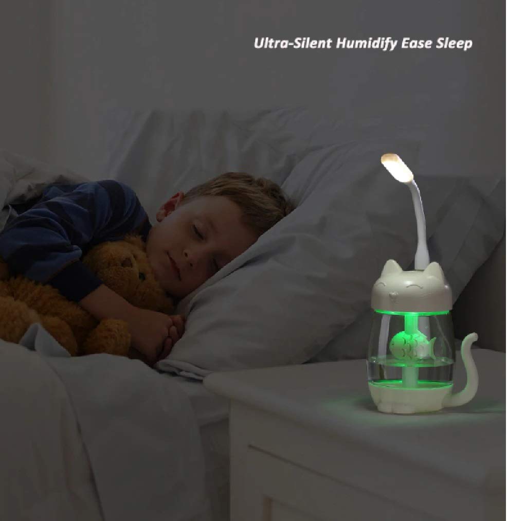 3 in 1 Cool Mist White Cat Humidifier included USB Fan,USB Lamp and 7- Color Night Light features with free (1 x fruit Coaster)