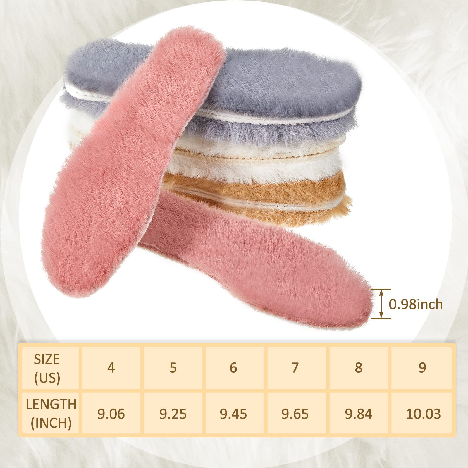 4 Pairs Women's Sheepskin Insole Winter Soft Warm Wool Insoles Thick Fuzzy Replacement Foot Inserts for Shoes Boots Slippers (Women 8 Medium US)