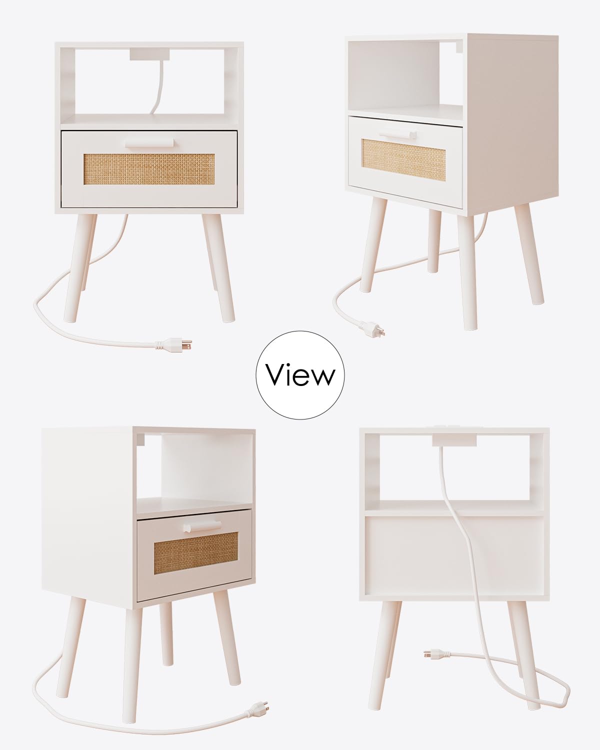 Aobafuir Nightstands with Charging Station, End Table, Rattan Nightstand, Side Table with Hand Made Rattan Decorated Drawers, Wood Accent Table with Storage for Bedroom,White