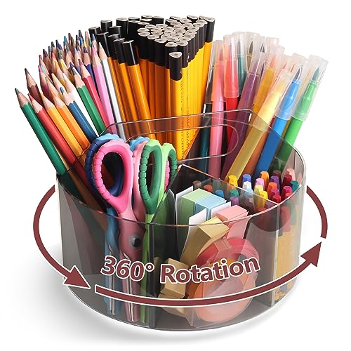 Acrylic Pen Holder Crayon Organizer for Kids, 6 Slots Arts and Crafts Organizer Marker Caddy Organizer for Classroom, 360 Rotating Acrylic Pencil Holder Art Supplies Storage for School Office Grey