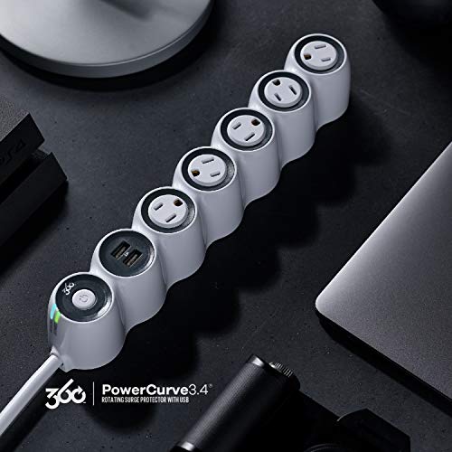 360 Electrical PowerCurve Power Strip, Extension Cord with Multiple Outlets and 2 3.4A USB Ports, 5 Rotating Outlets, Outlet Extender 6 ft, Surge Protector Power Strip with USB Ports, White