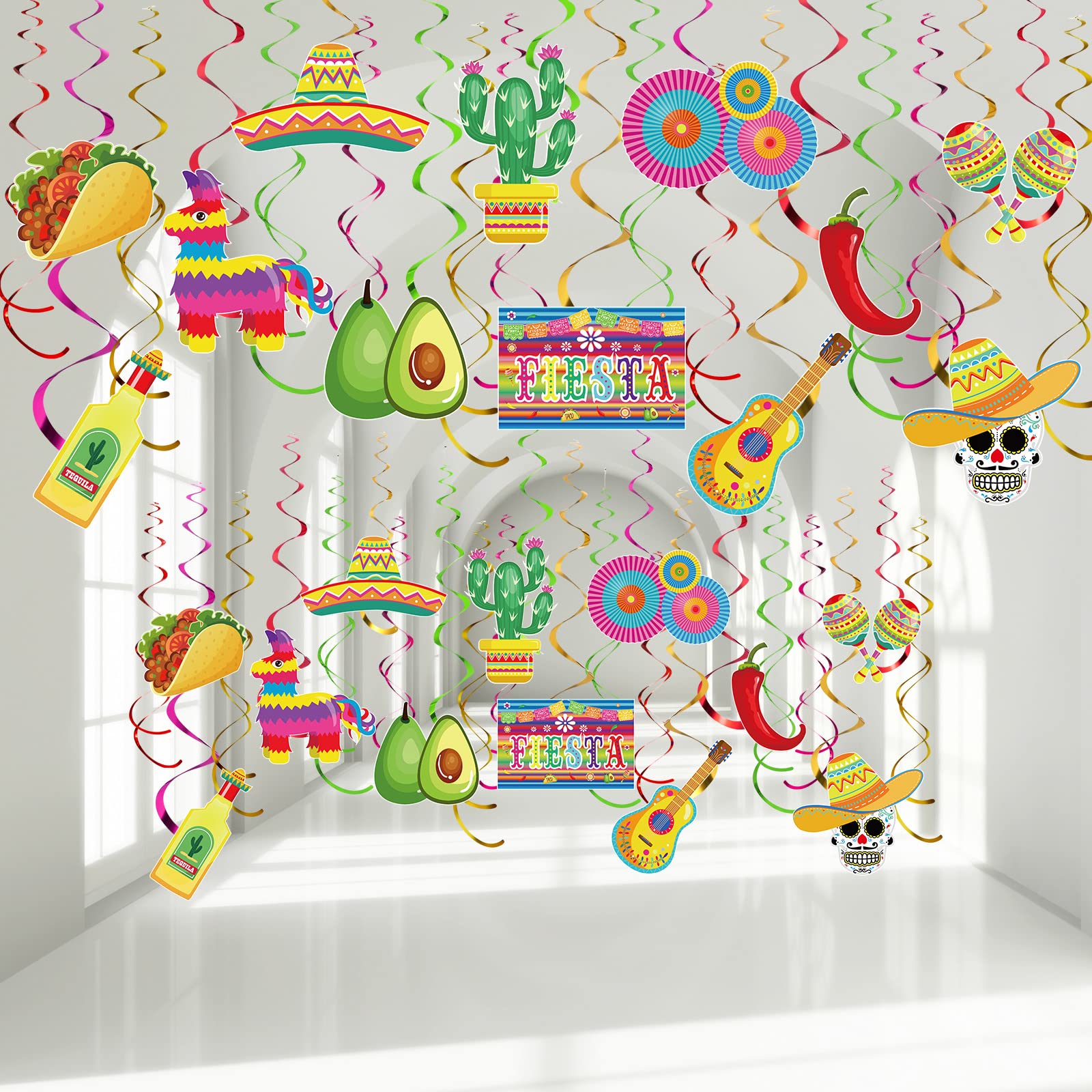 30 Pieces Mexican Fiesta Hanging Swirl Decorations, Cardstock Mexican Fiesta Cinco De Mayo Taco Twosday Birthday Theme Foil Ceiling Party Supplies for Boys Girls Baby Shower Party Favors