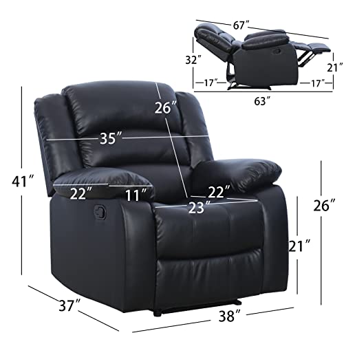 ANJ Black Recliner Chair with Overstuffed Arm and Back, Breathable Faux Leather Manual Reclining Chairs, Living Room Single Sofa Recliners