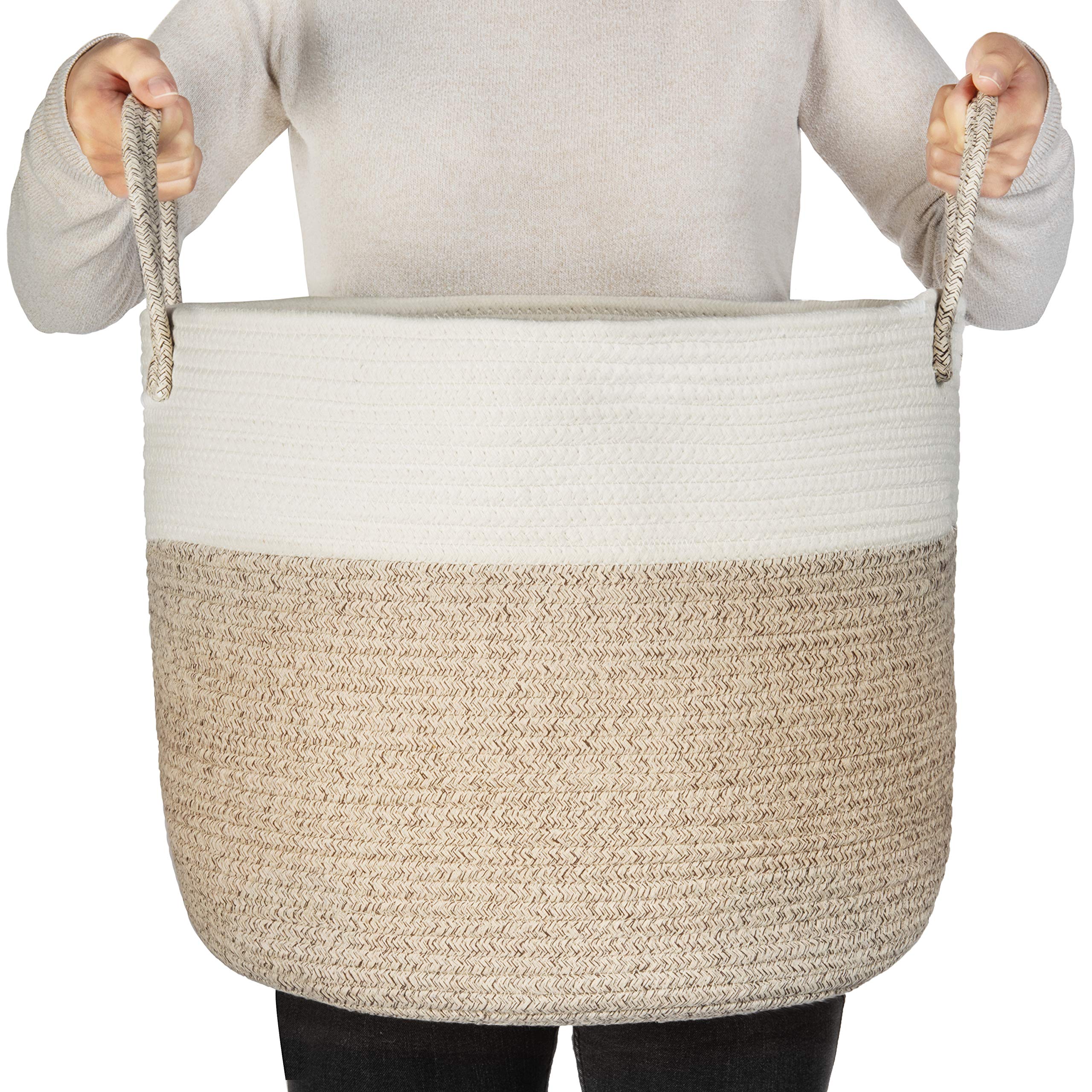 Shu Baby Woven Storage Basket - Large Cotton Rope Basket with Long Handles, Foldable Laundry Hamper, Toy Bin and Decorative Hamper (brown)