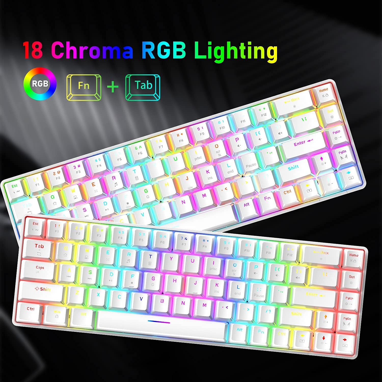 Compact 60% Mechanical Gaming Keyboard and Mouse Combo with Ergonomic Anti-ghosting 68 Key Rainbow RGB Backlight 6400DPI Honeycomb Mice Type-C Wired for PC Mac Gamer Office Typist(White/Blue Switch)