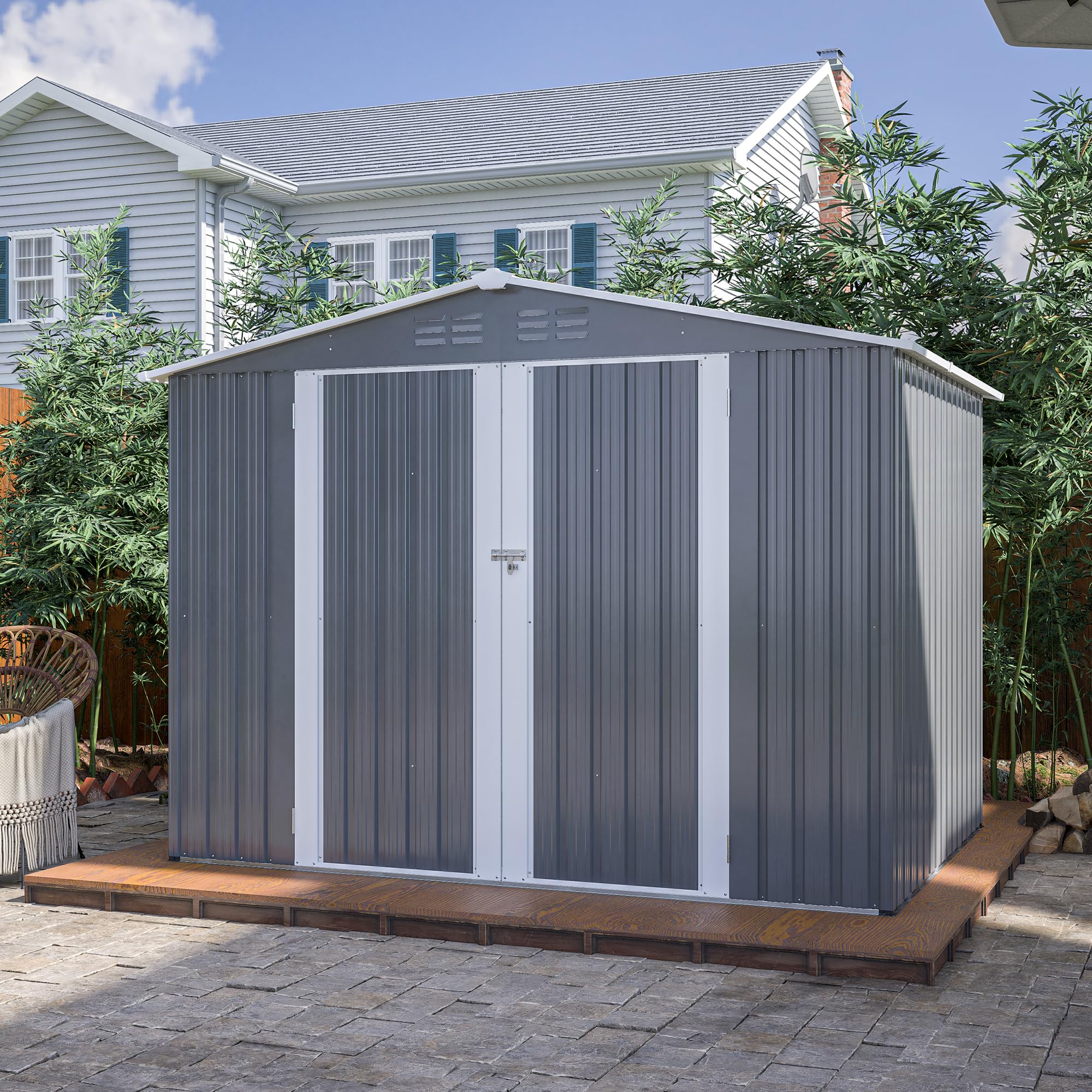 Outdoor Metal Storage Shed with Lockable Door, Garden Tool Shed with Metal Floor Base Outside Storage House Clearance Steel Yard Shed for Backyard, Patio, Lawn, Outside Use (8 x 6Ft-Gray)