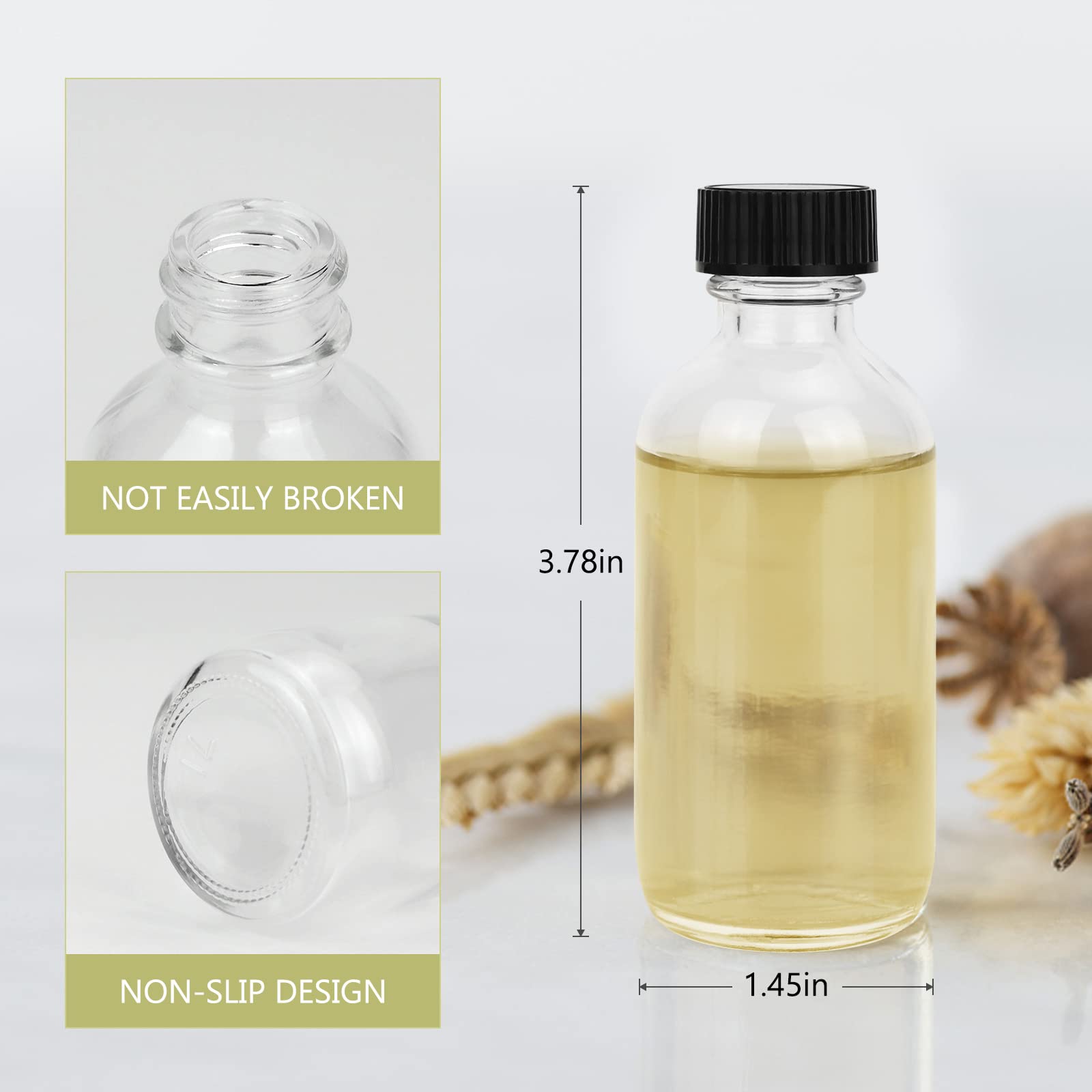 Rionisor 2OZ Small Glass Bottles with Lids and Funnels, 60ml Boston Round Glass Bottles, Perfect for Diy Essential Oils, Perfumes, Whiskey and Juices, 6 Pack Clear