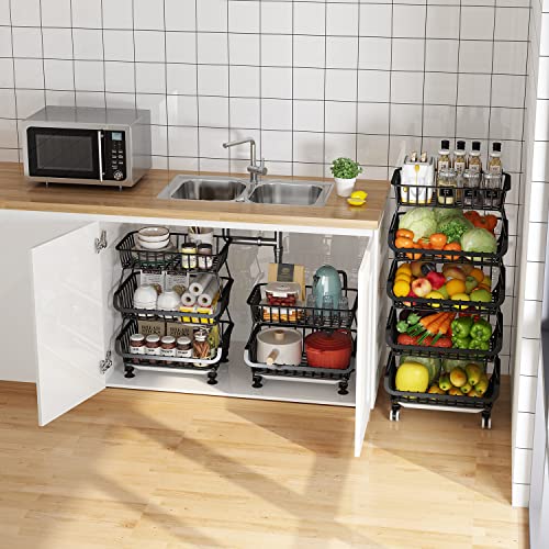 Fruit Vegetable Storage Basket with Wheels Kitchen Storage Rack 6-Tier Fruit Vegetable Stackable Floor-Standing Movable Organizer Household Storage Snack Shelf for Kitchen Living Room Dressers Stand