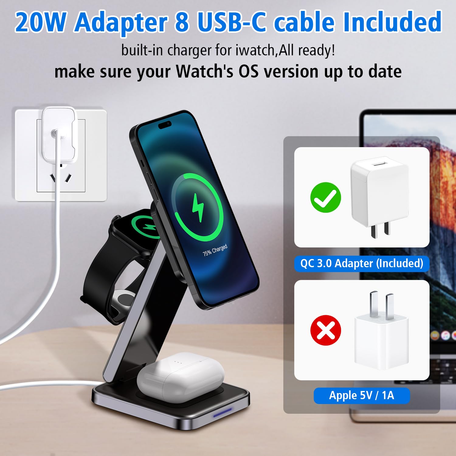 3 in 1 Magnetic Wireless Charger,Foldable Mag-Safe Wireless Charging Station for Apple Watch Series 9/Ultra 2/8/7/SE/SE2,Apple 15 Pro Max/15/14/13,Air-Pods 3/Pro/2 Mag Safe Charger Stand Dock(Black)