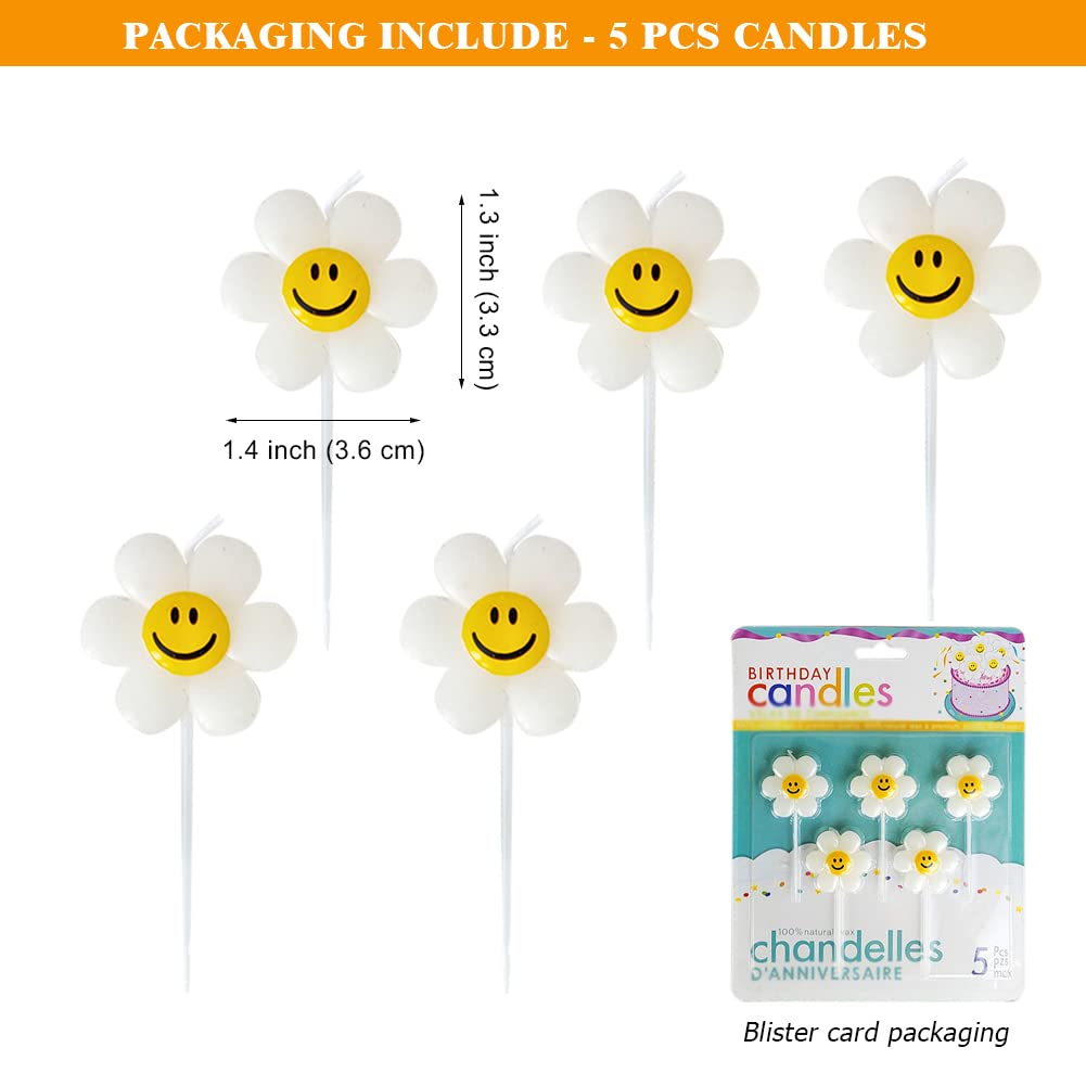 5 PCS White Flower Shaped with Smiling Face Birthday Candles, Daisy Candles Cake Decorations Cake Cupcake Toppers