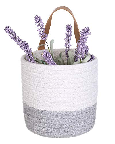 2pack Small Hanging Basket-Cotton Rope Wall Basket with Handle, Hanging Storage Basket, Shelf Baskets Storage Bin Closet Organizer 6"×6.3", Woven Plant Basket - (White & Grey)