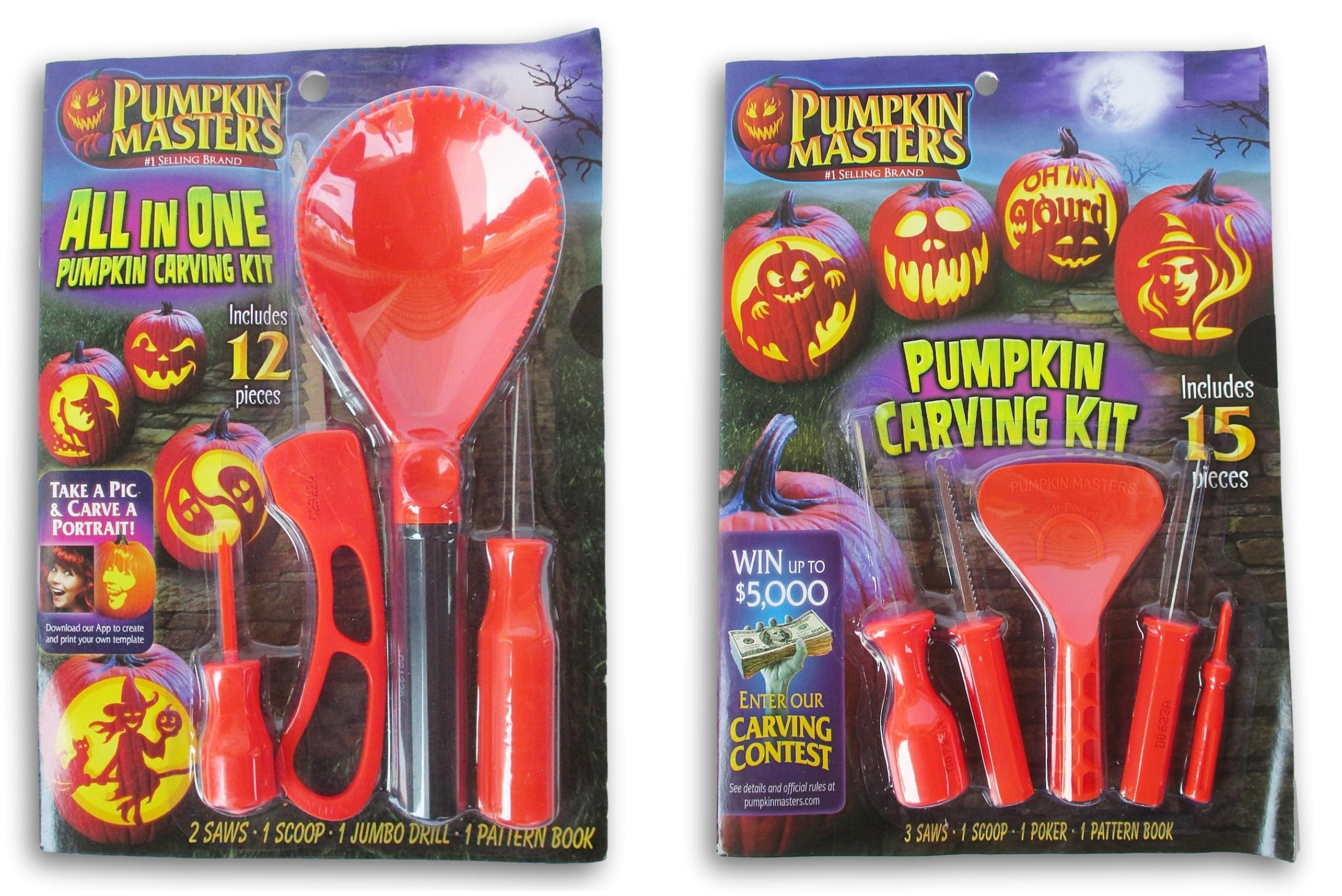 All in One Pumpkin Carving Kit Mega Pack - 18 Patterns, 5 Saws, 2 Scoops, 1 Jumbo Drill, and 1 Poker